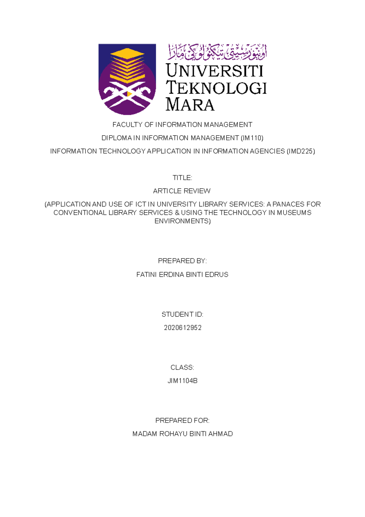 IMD225 Article Review - FACULTY OF INFORMATION MANAGEMENT DIPLOMA IN ...