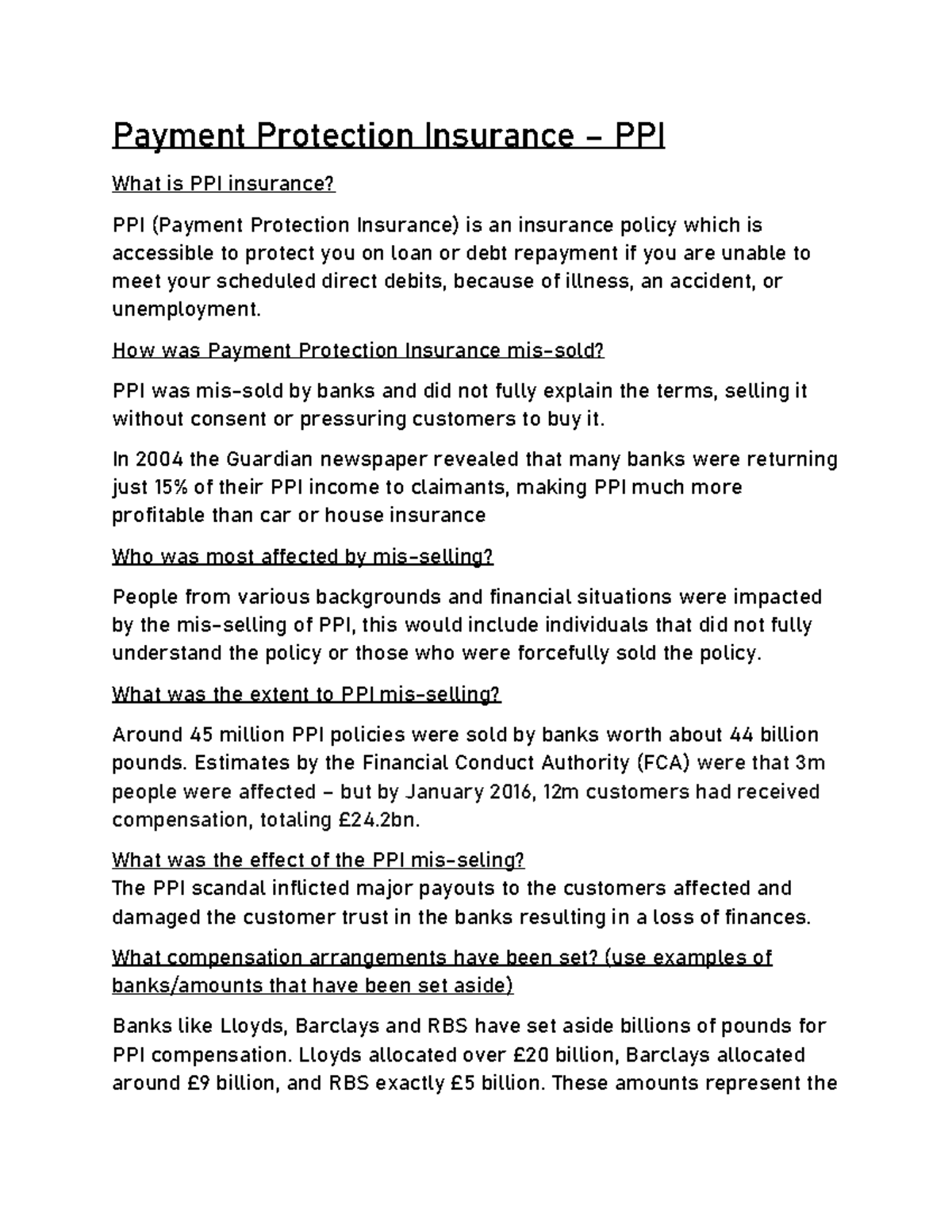 PPI - How was Payment Protection Insurance mis-sold? PPI was mis-sold ...