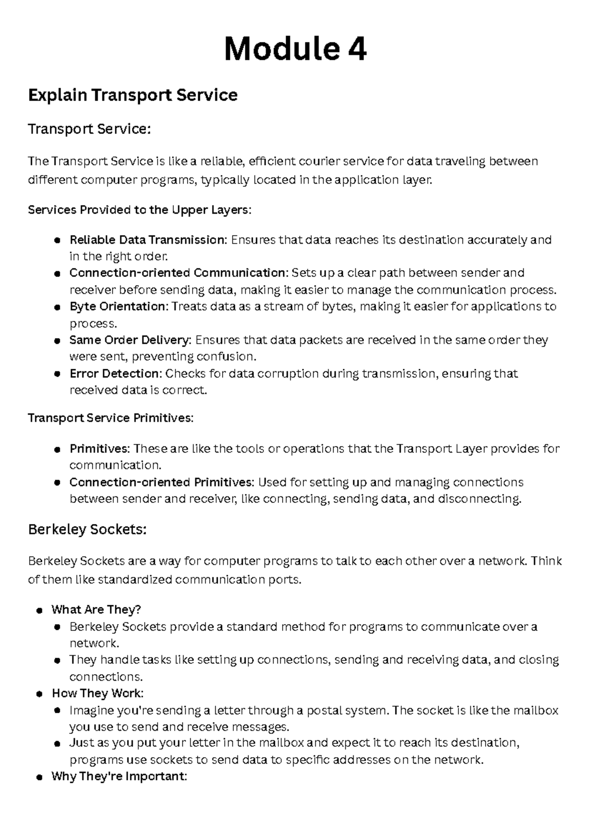 Module 4 - Module 4 Explain Transport Service Transport Service: The Transport Service is like a ...