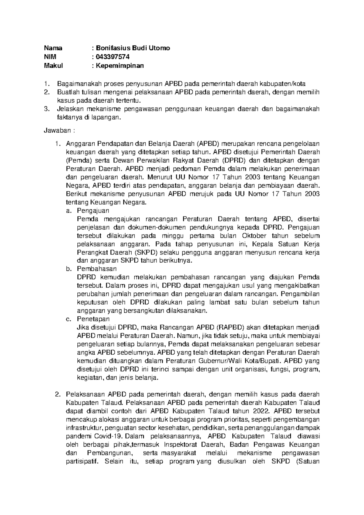 Tugas 1 Administrasi Pemerintahan Daerah Bonifasius - Nama : Bonifasius Budi Utomo NIM ...