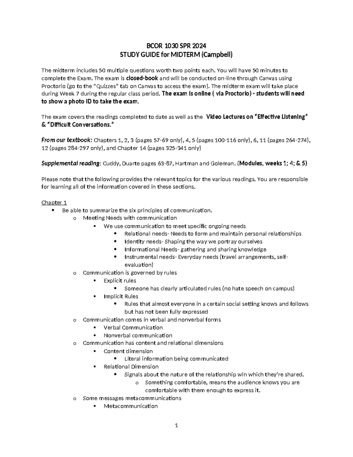 Study Guide for Comms Midterm SPR 2024-1 - BCOR 1030 SPR 2024 STUDY ...