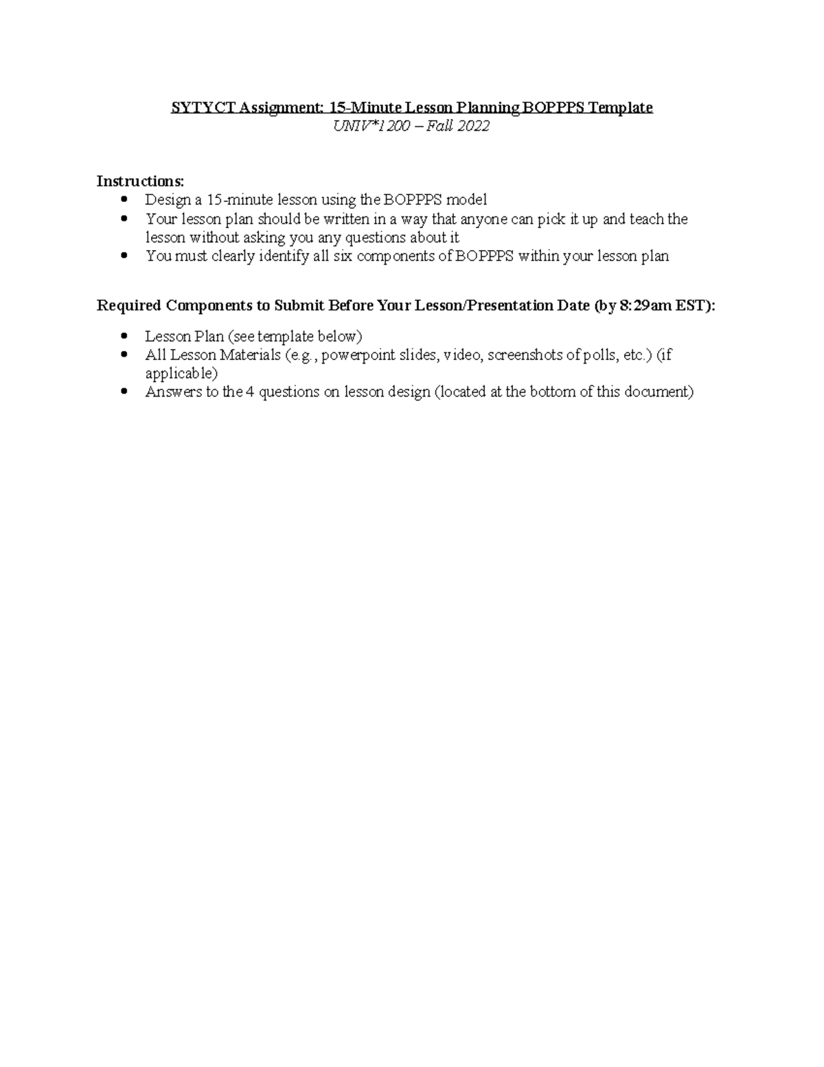 Sytyct Assignment 15 minute Lesson Boppps Template - SYTYCT Assignment ...