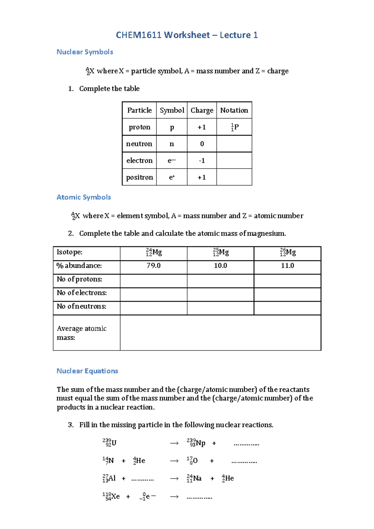 CHEM1611 Lecture Worksheets (WEEK 1-13) - CHEM1611 Worksheet 3 Lecture ...