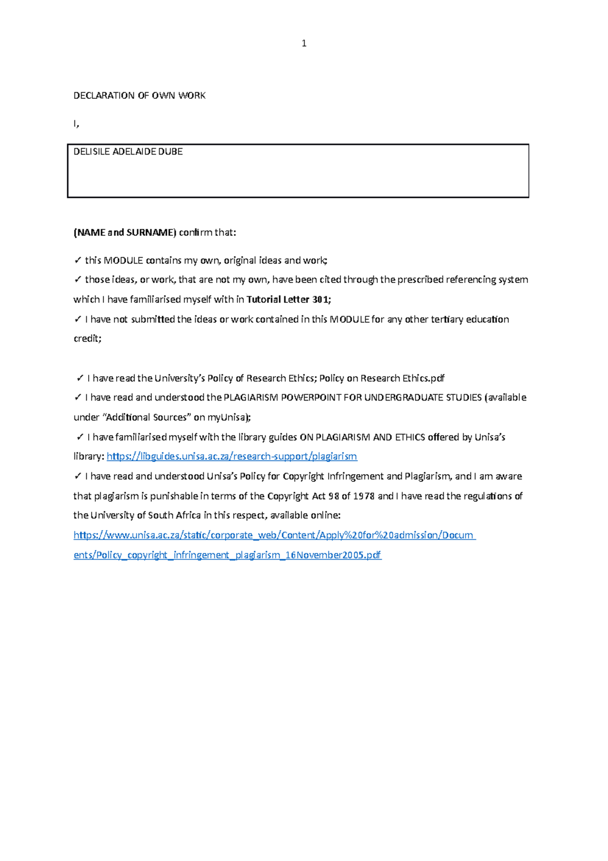 DPR1505 ASS NO1 - portfolio - 1 DECLARATION OF OWN WORK I, DELISILE ...