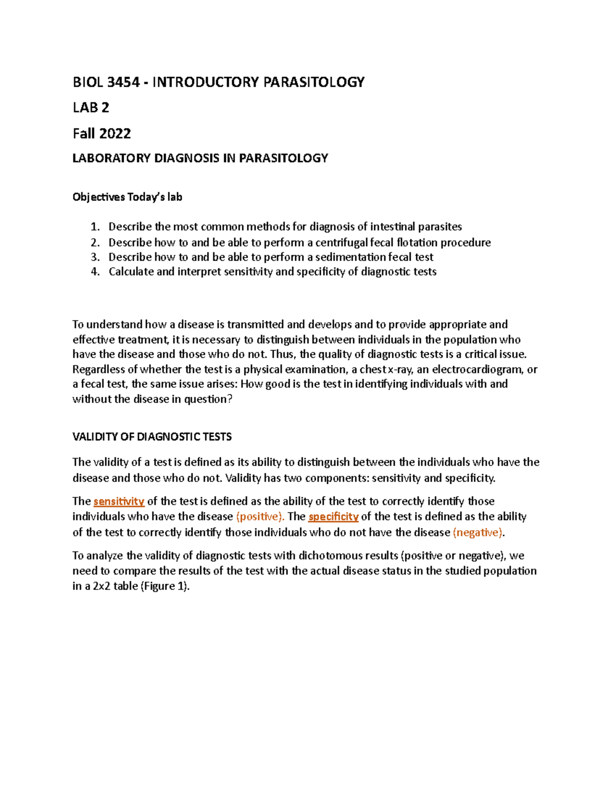 Lab 2 - Laboratory diagnosis in parasitology - BIOL 3454 - INTRODUCTORY ...
