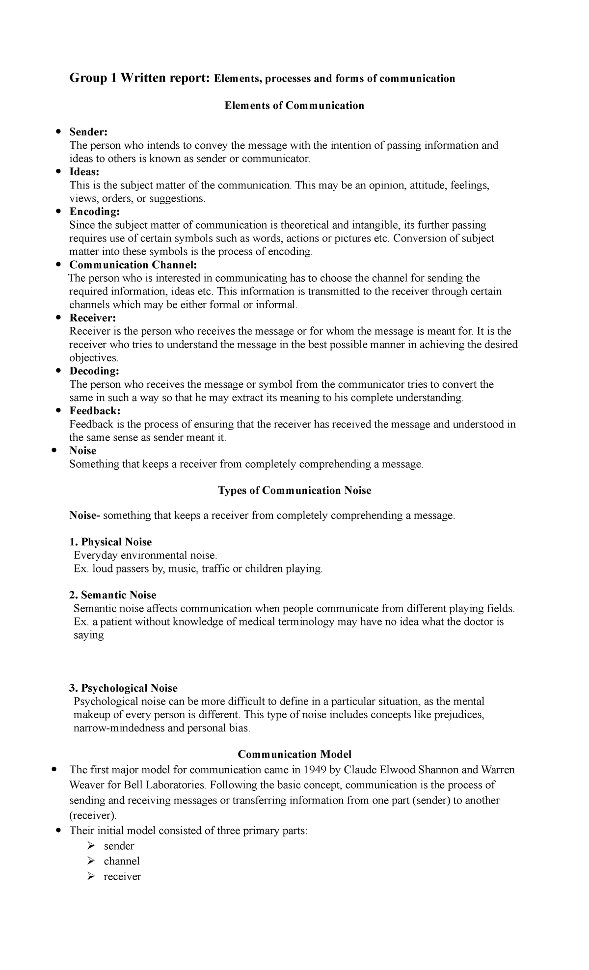About Communication - Group 1 Written report: Elements, processes and ...