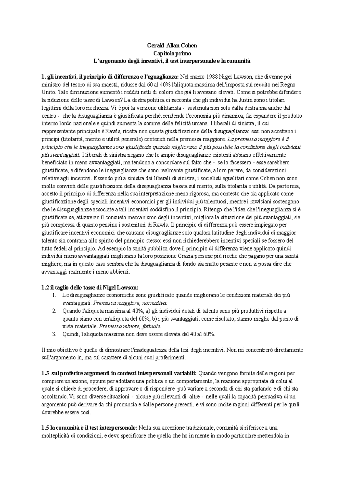 Cohen riassunto - Gerald Allan Cohen Capitolo primo L’argomento degli ...