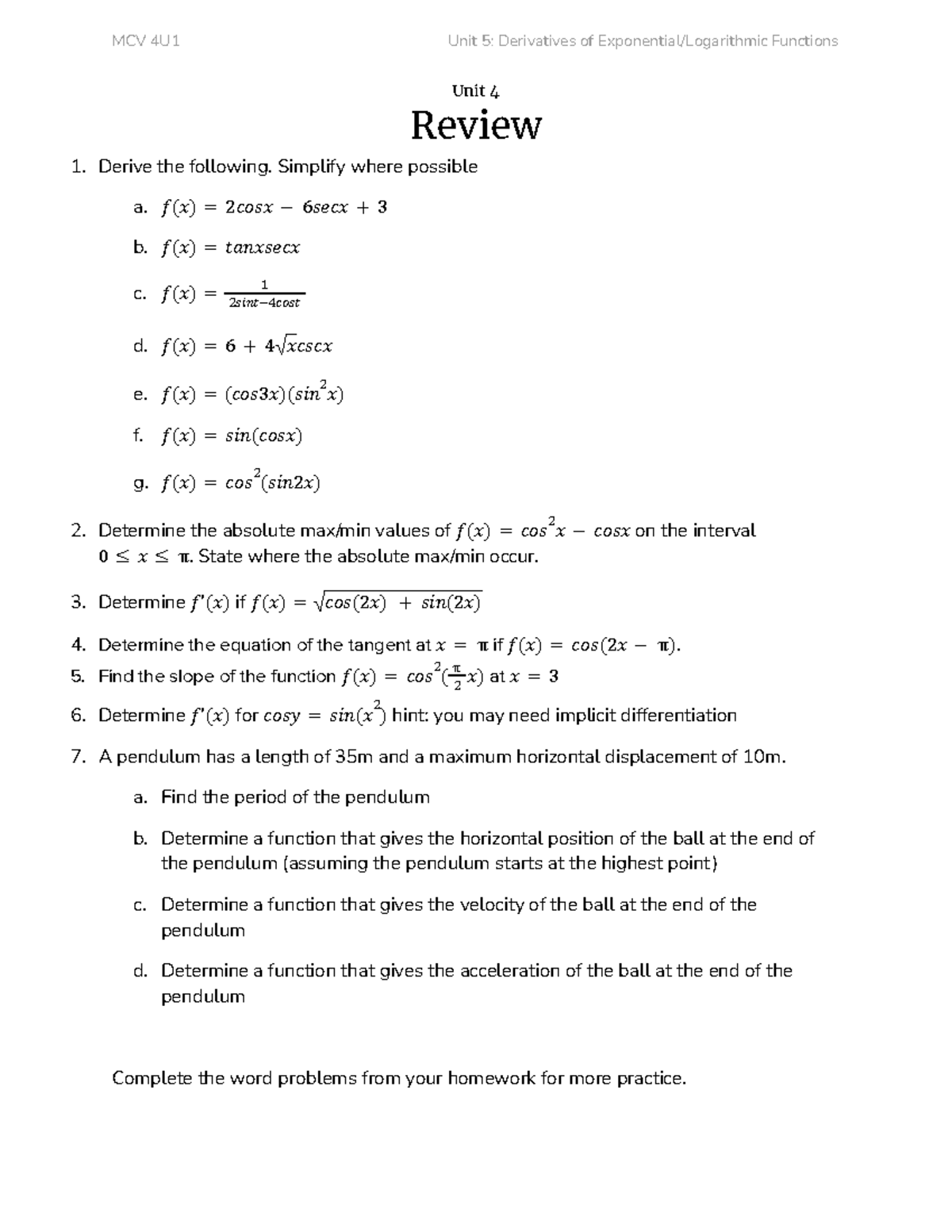 Unit 4 Derivatives of Sin Review - MCV 4U1 Unit 5: Derivatives of ...