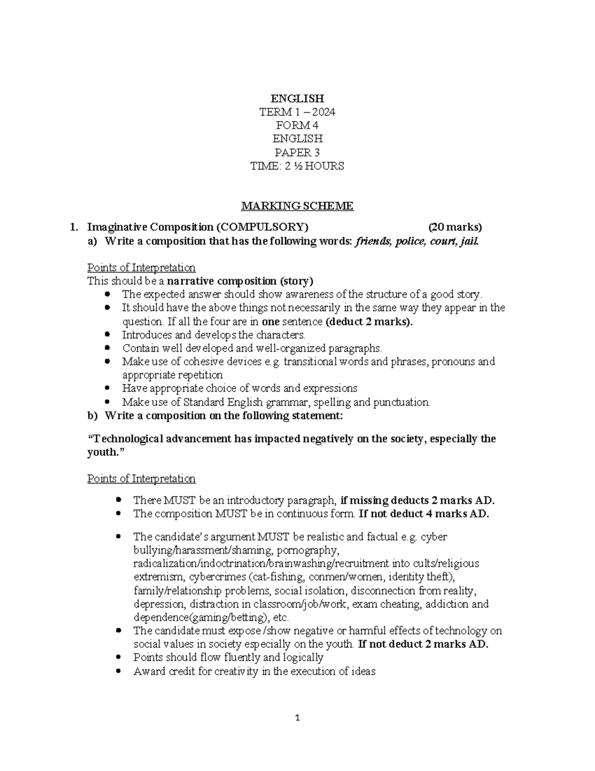 English F4 PP3 MS - ENGLISH TERM 1 – 2024 FORM 4 ENGLISH PAPER 3 TIME ...