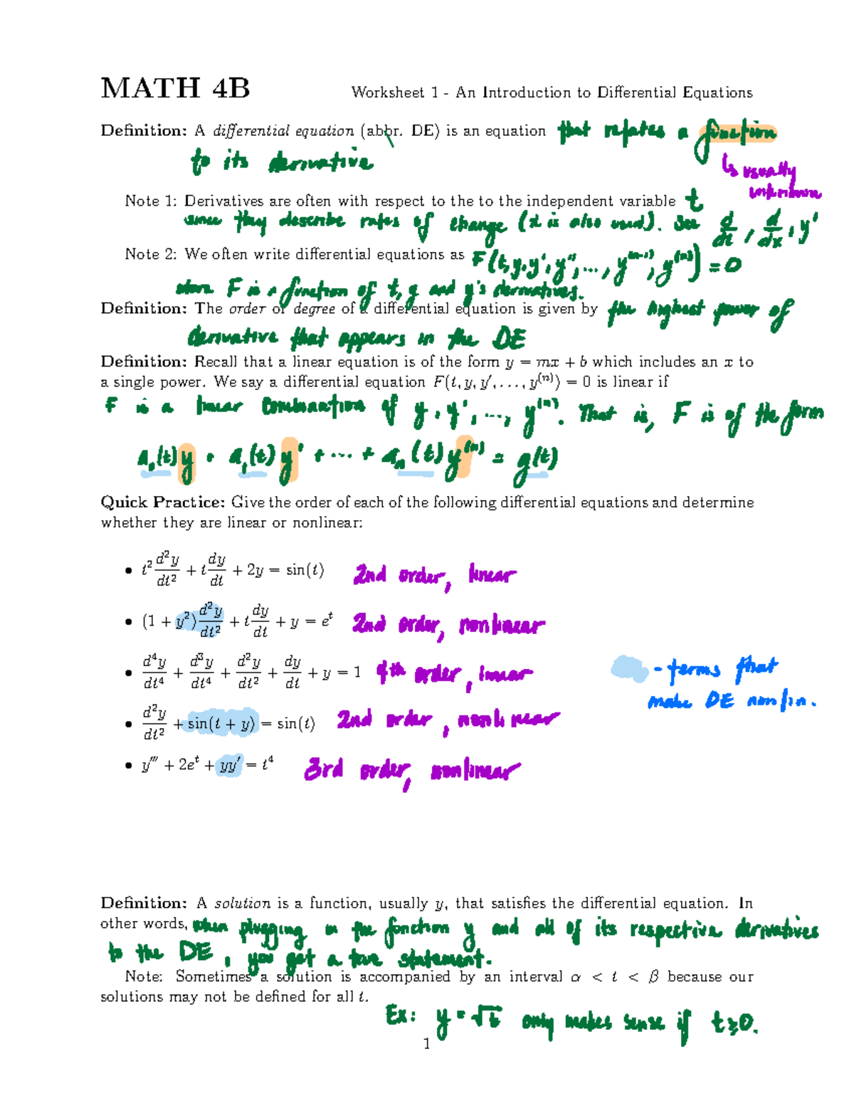 Worksheet 1 - Intro Copy - MATH 4B Worksheet 1 - An Introduction to Differential Equations - Studocu