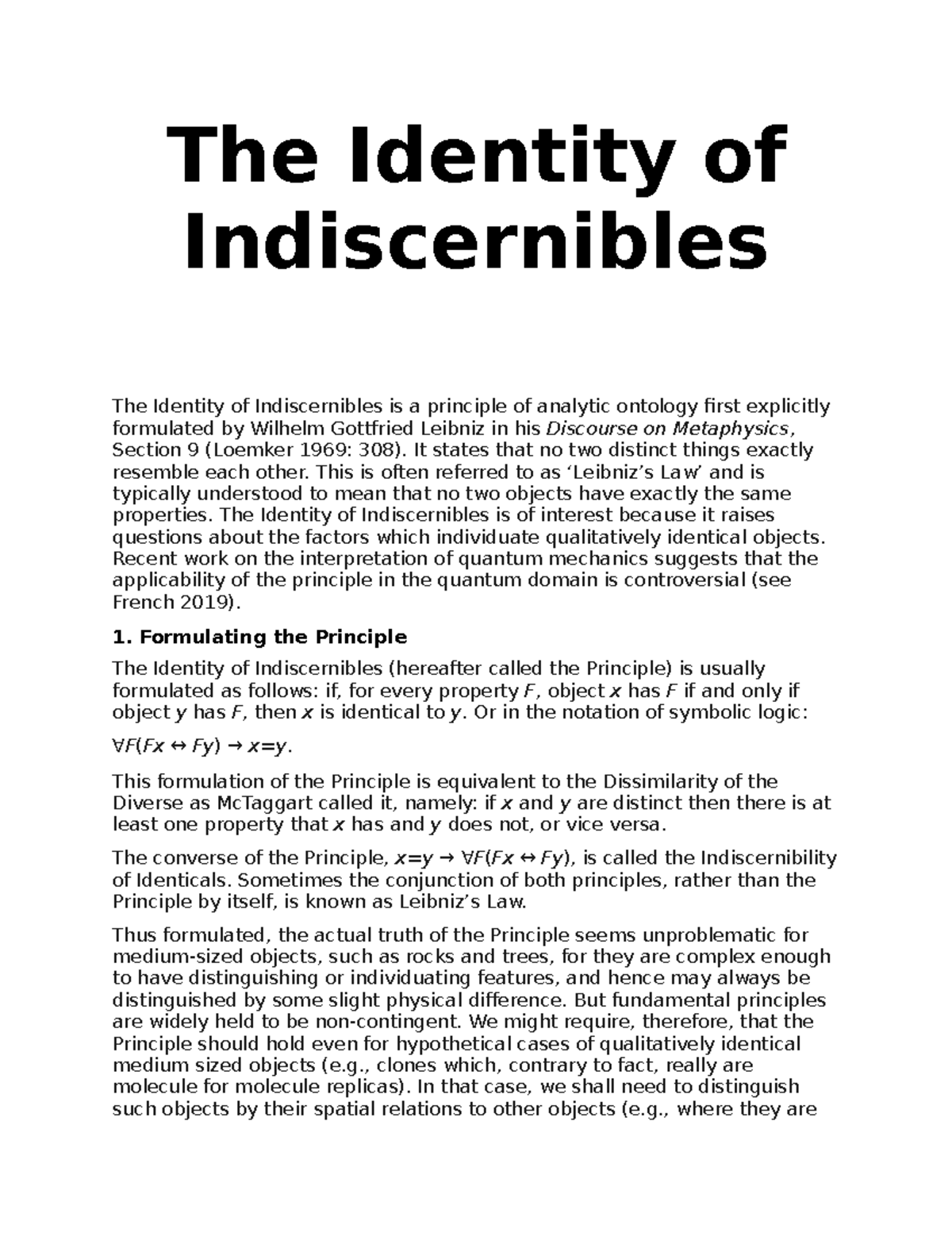 Lecture 19 The Identity of Indiscernibles - The Identity of ...