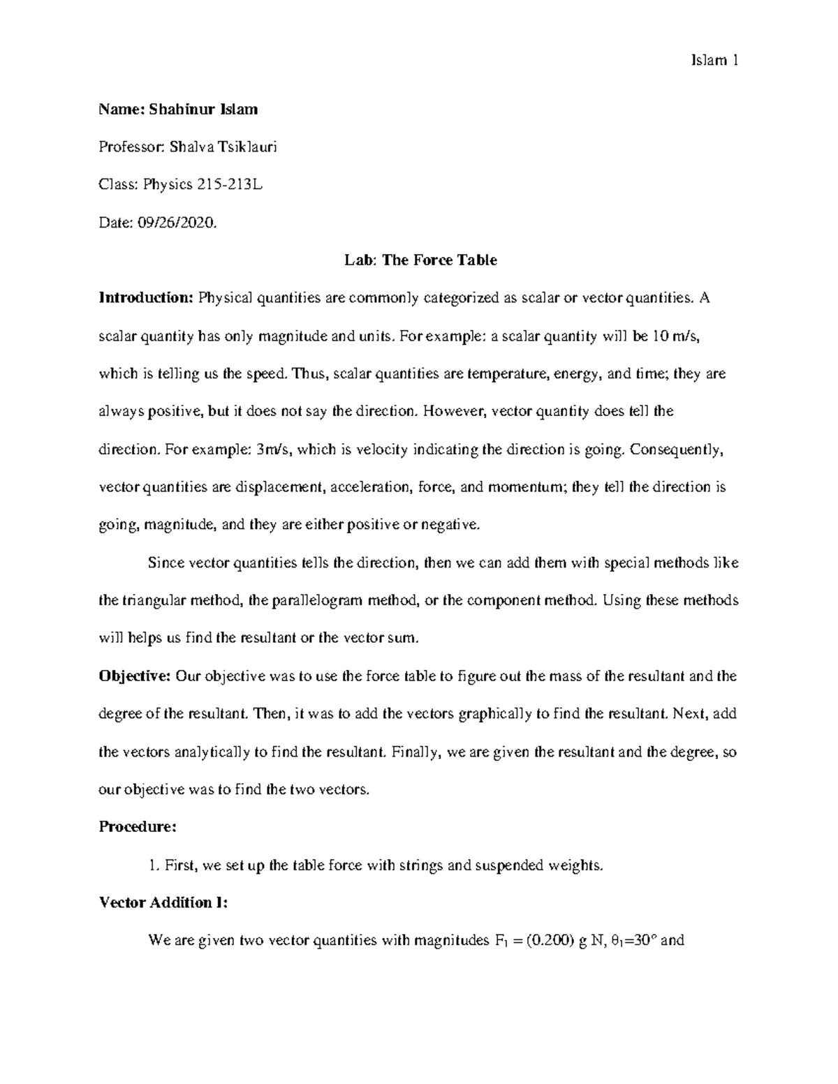 Lab (The Force Table) - Name: Shahinur Islam Professor: Shalva ...