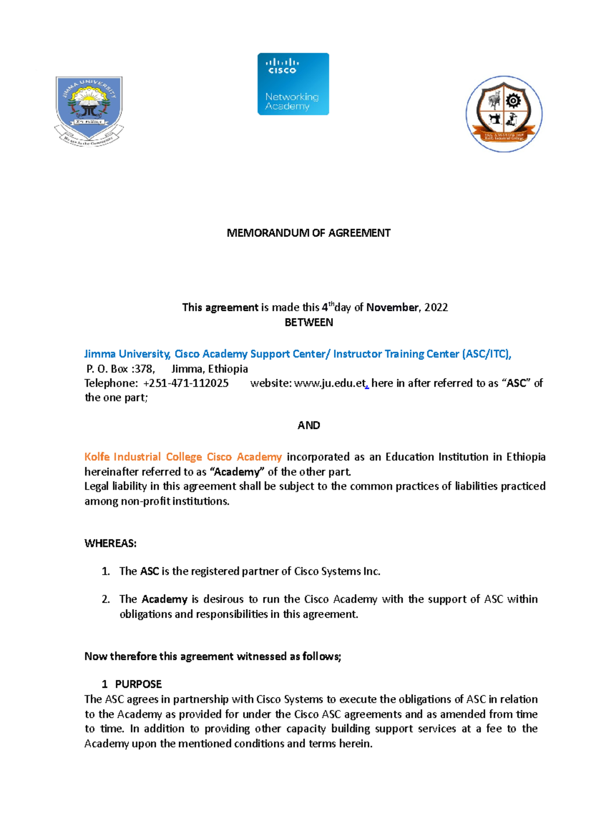 JU Cisco ASC TVET Mo U - memorandum for jimma university - MEMORANDUM ...