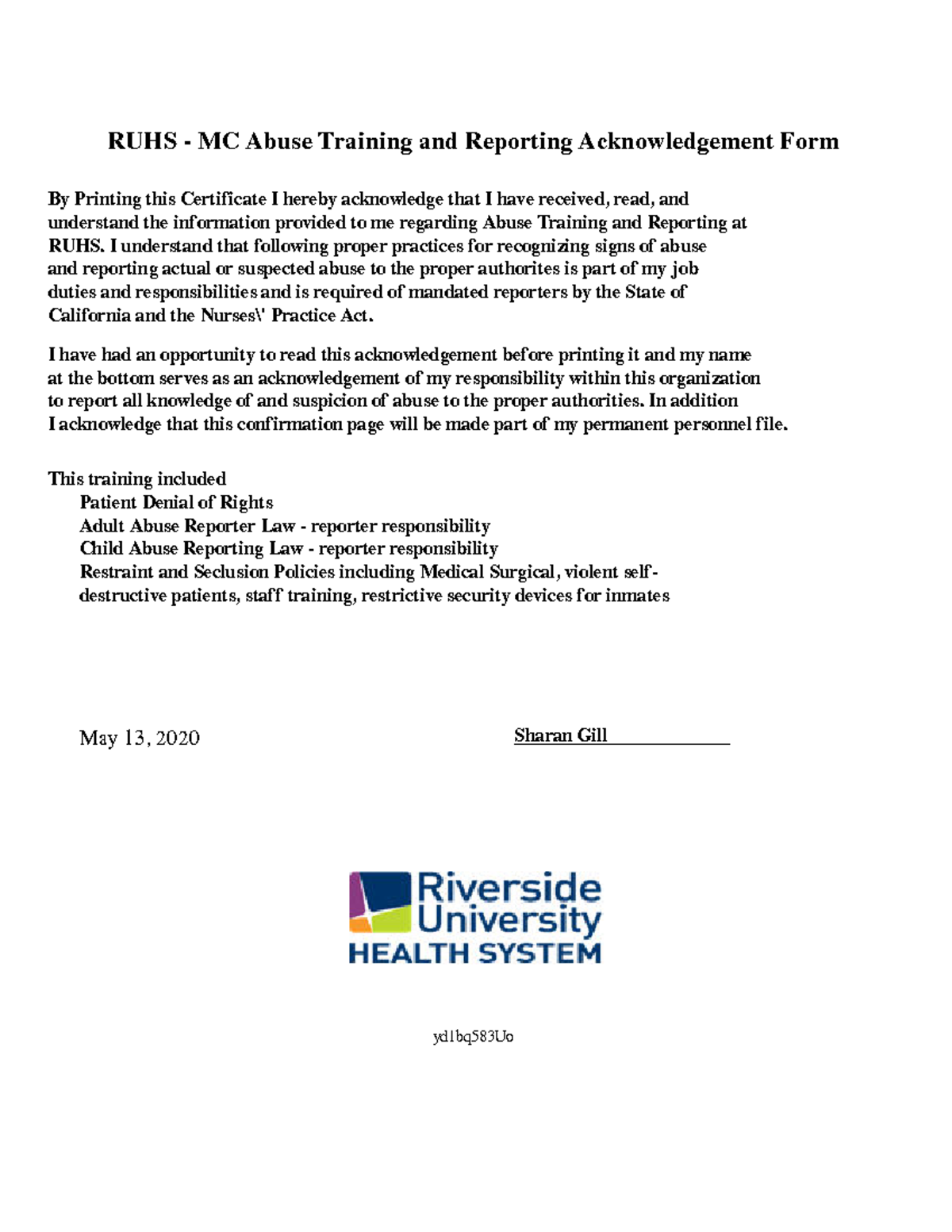 2020 PCO Nursing Student Acknowledgement Abuse Reporting Responsibility ...