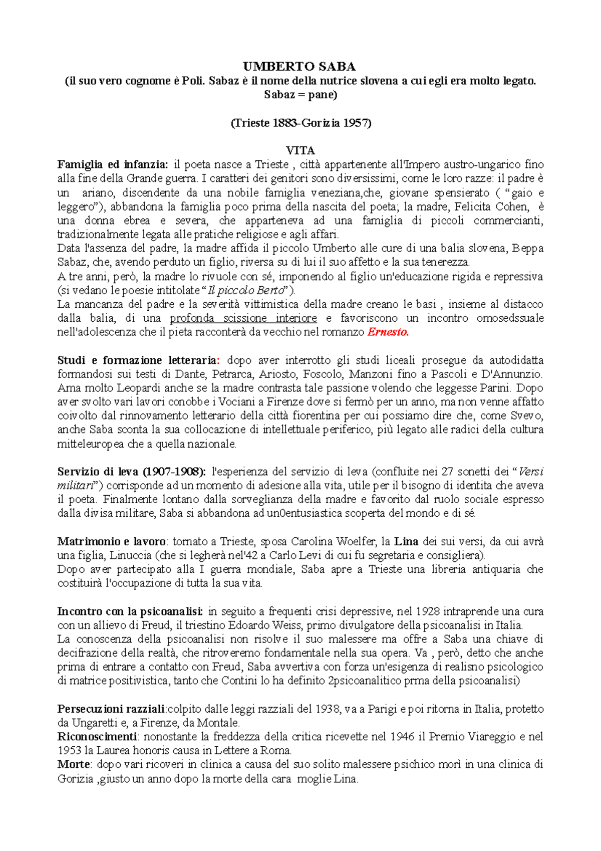 Saba - Saba vita e opere - UMBERTO SABA (il suo vero cognome è Poli ...