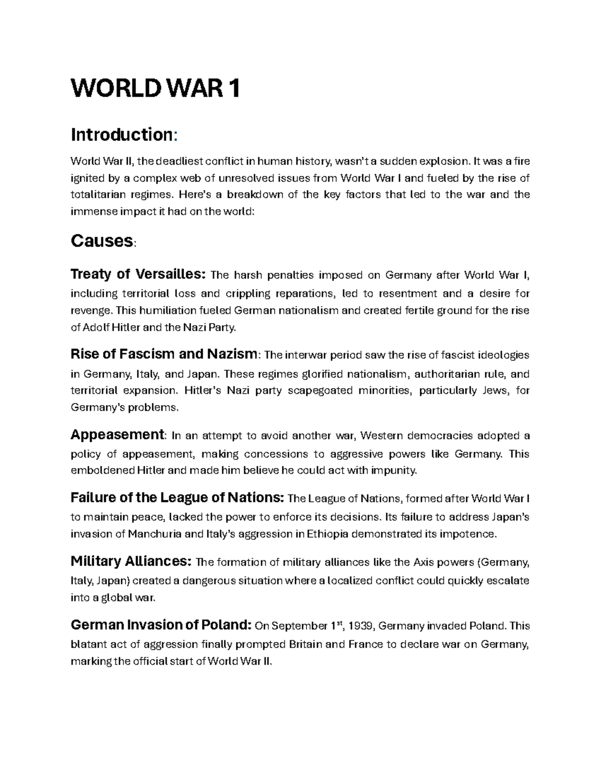 Word War Two Causes and it's Consequences - WORLD WAR 1 Introduction ...