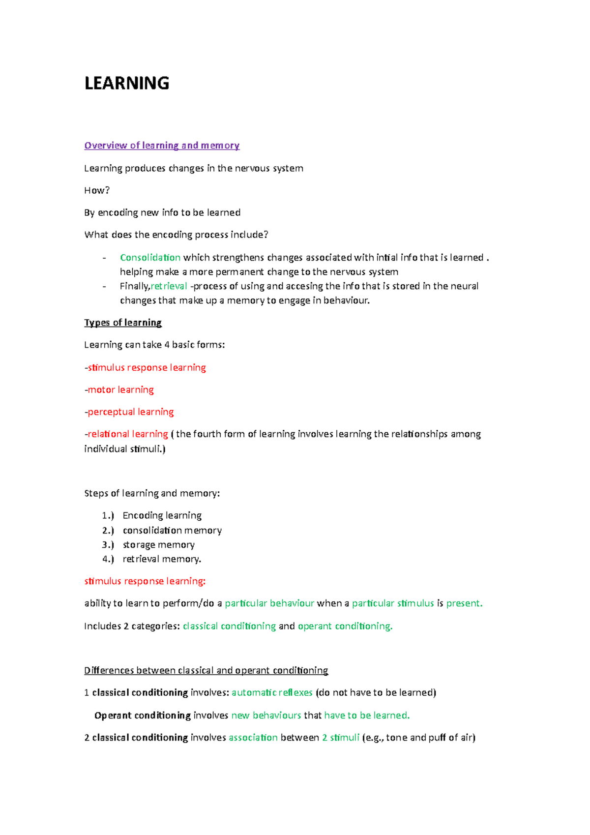 Learning - semester b - LEARNING Overview of learning and memory ...
