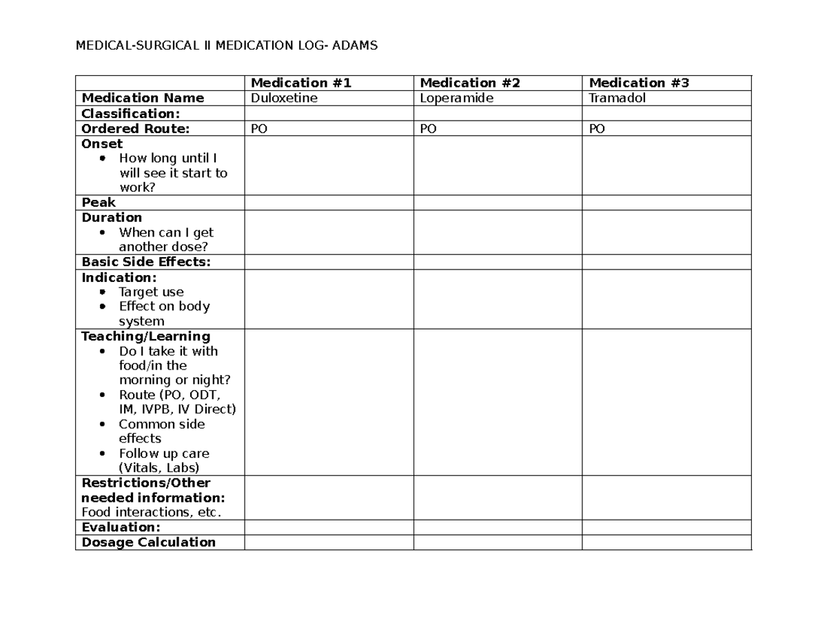 Medical-Surgical II Med log Adams - Medication #1 Medication #2 ...