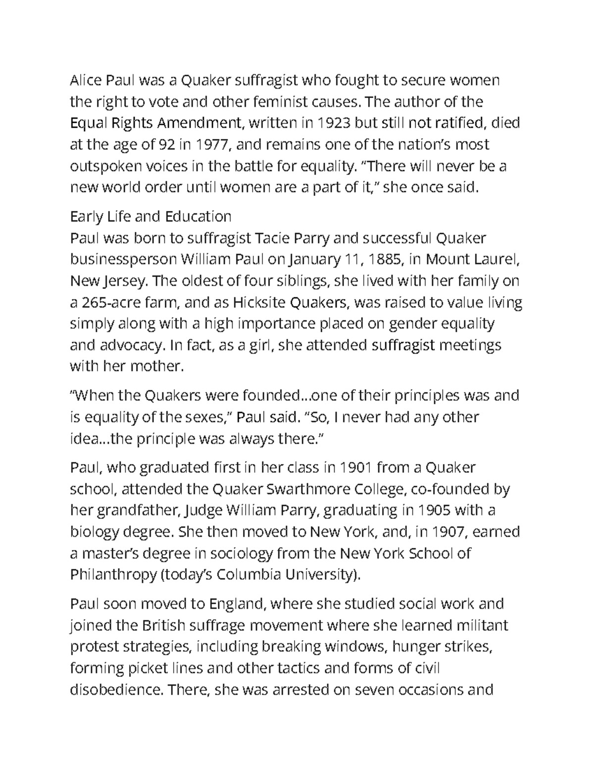 Alice Paul Notes - Alice Paul was a Quaker suffragist who fought to ...