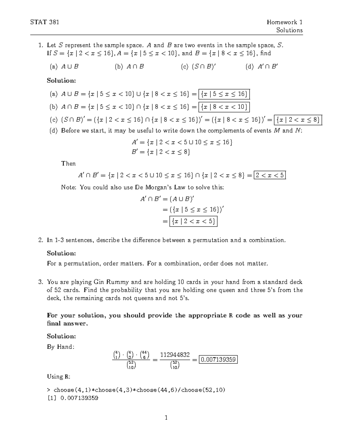 Stat381 HW01 Solutions - STAT 381 Homework 1 Solutions LetSrepresent the sample space. AandBare ...