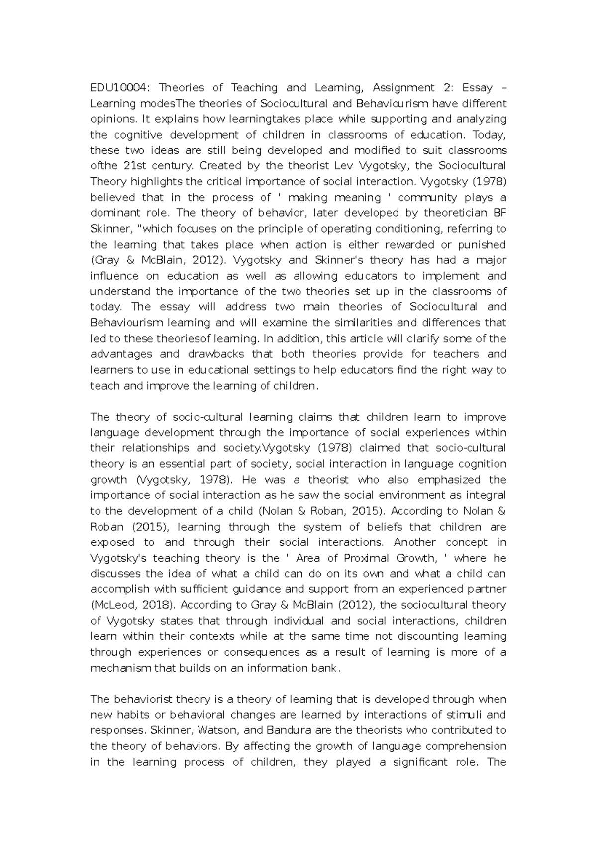 2000 essay for teaching - EDU10004: Theories of Teaching and Learning ...