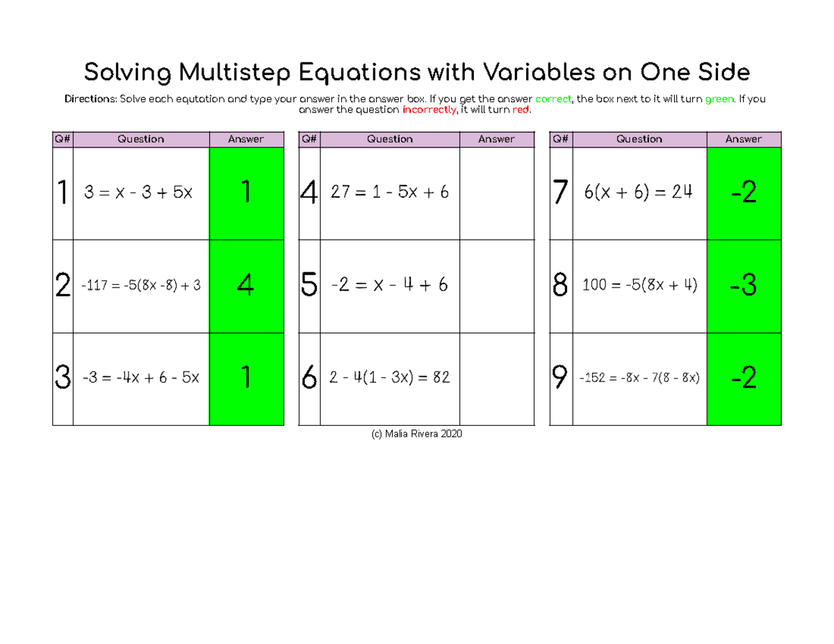 Copy of Digital Self Checking Activity - Solving Multistep Equtions ...
