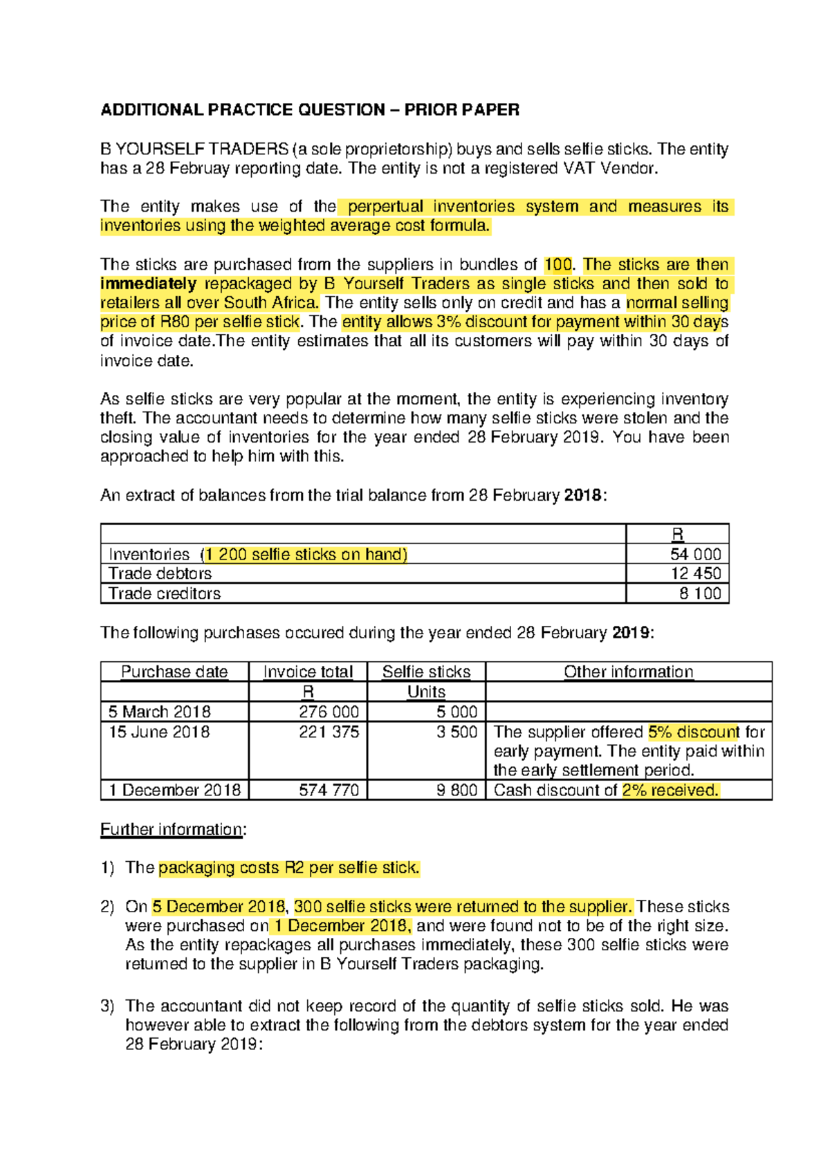 Debtors and Inventory Question - ADDITIONAL PRACTICE QUESTION – PRIOR ...