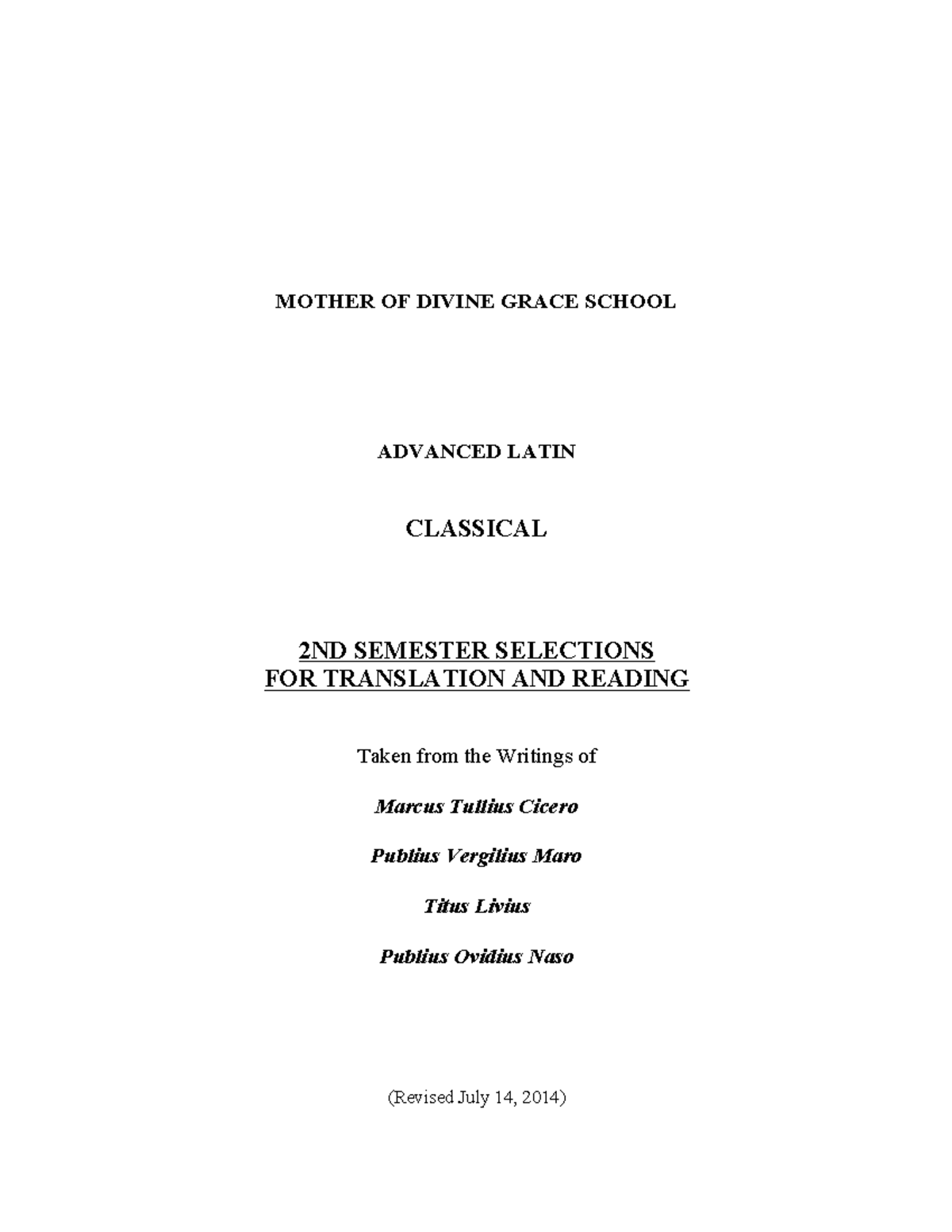Adv Latin - Classical - 2nd Semester Selections - MOTHER OF DIVINE ...