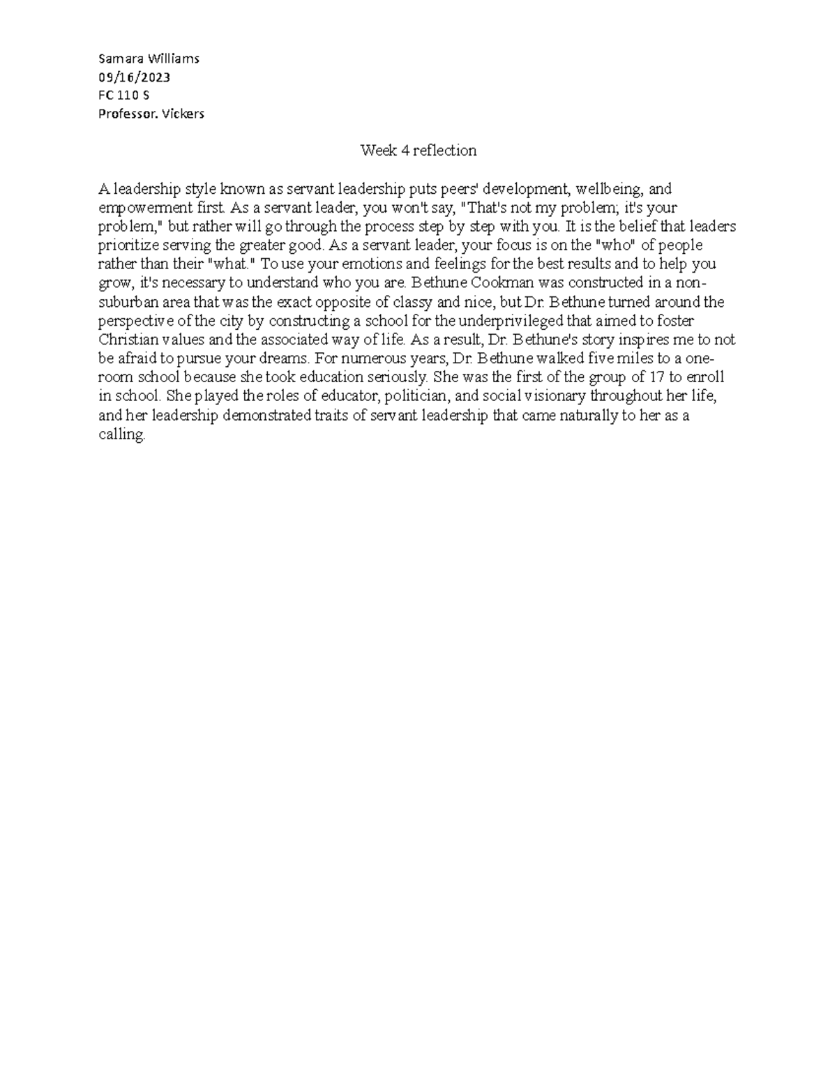 Week 4 reflection - Samara Williams 09/16/ FC 110 S Professor. Vickers Week 4 reflection A - Studocu