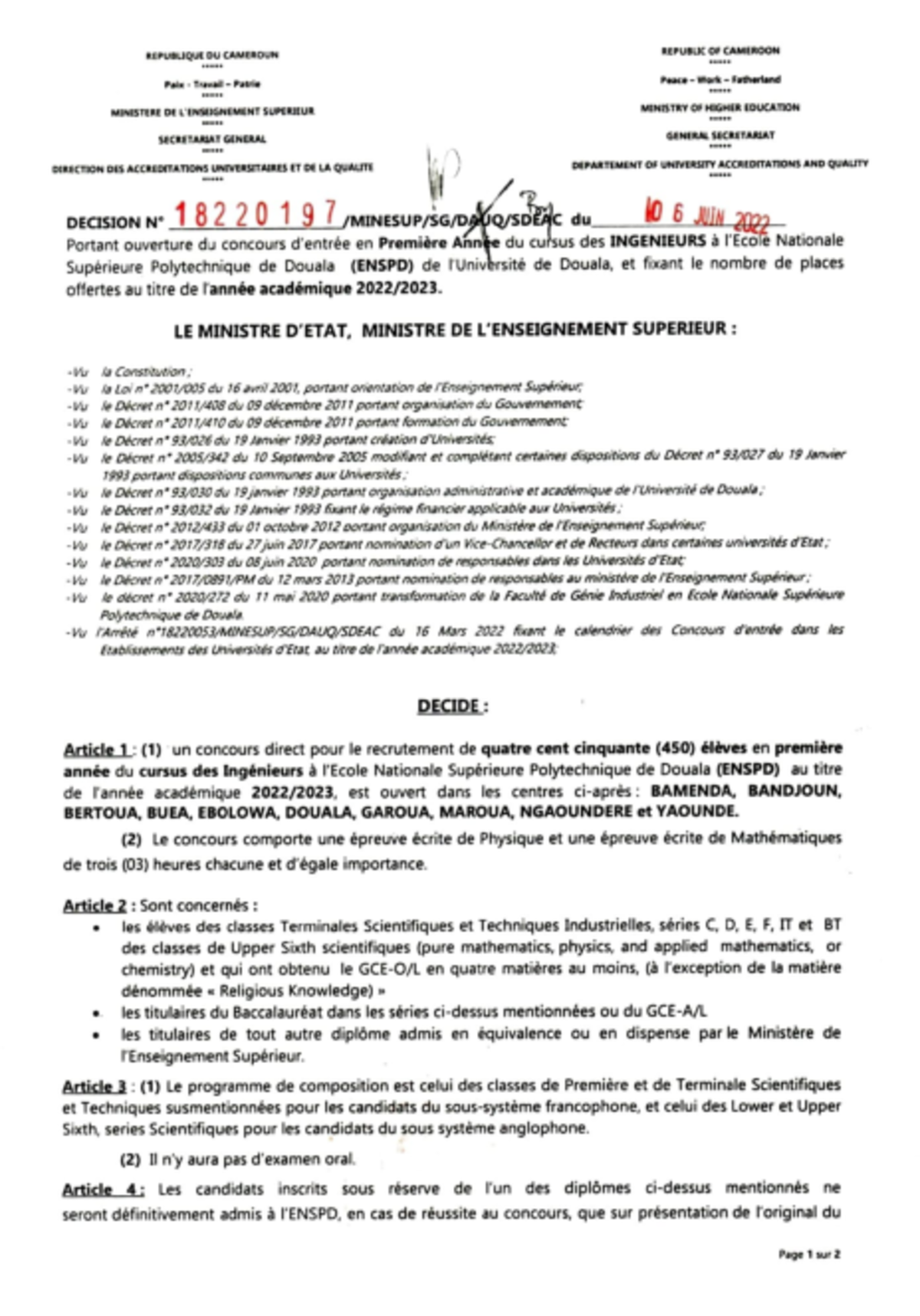 Communiqué Concours Enspd Niveau 1 Ingénieur 2022-2023 [Français] - ll ...