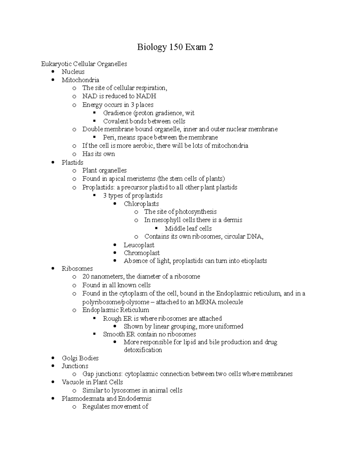 Biology 150 Exam 2 - Biology 150 Exam 2 Eukaryotic Cellular Organelles ...