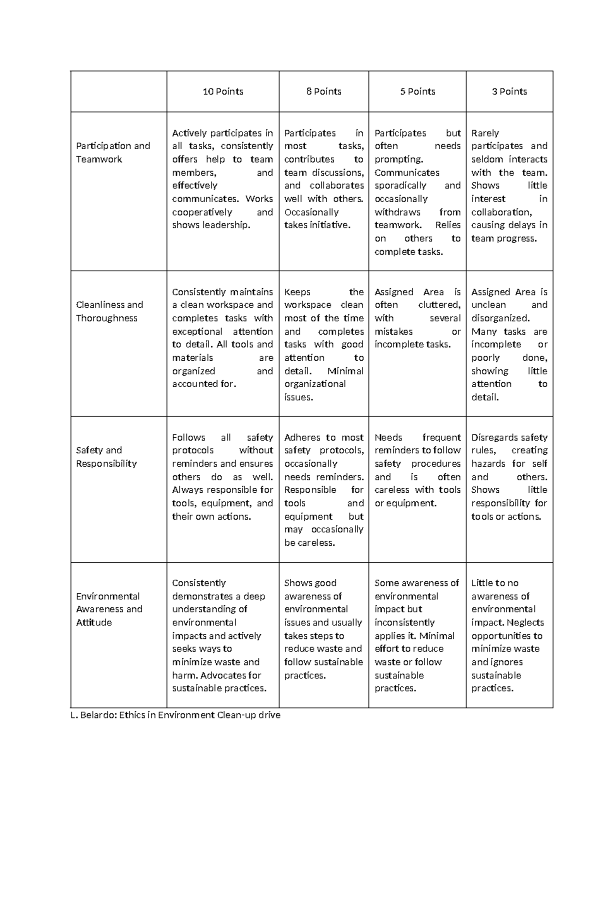 Clean Up drive rubrics - ckean hshsh - 10 Points 8 Points 5 Points 3 ...