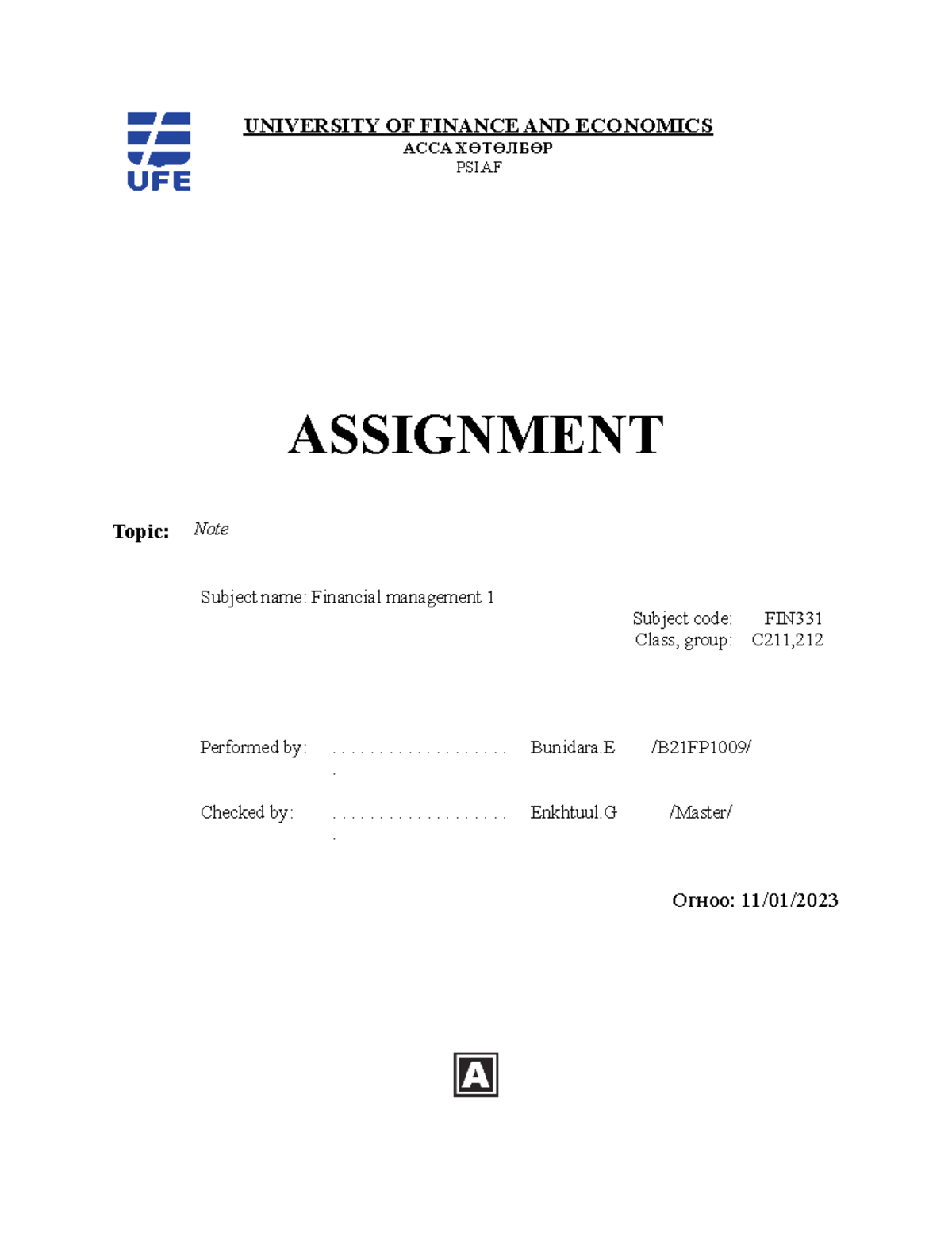 Assignment FIN - notes - UNIVERSITY OF FINANCE AND ECONOMICS ACCA ...
