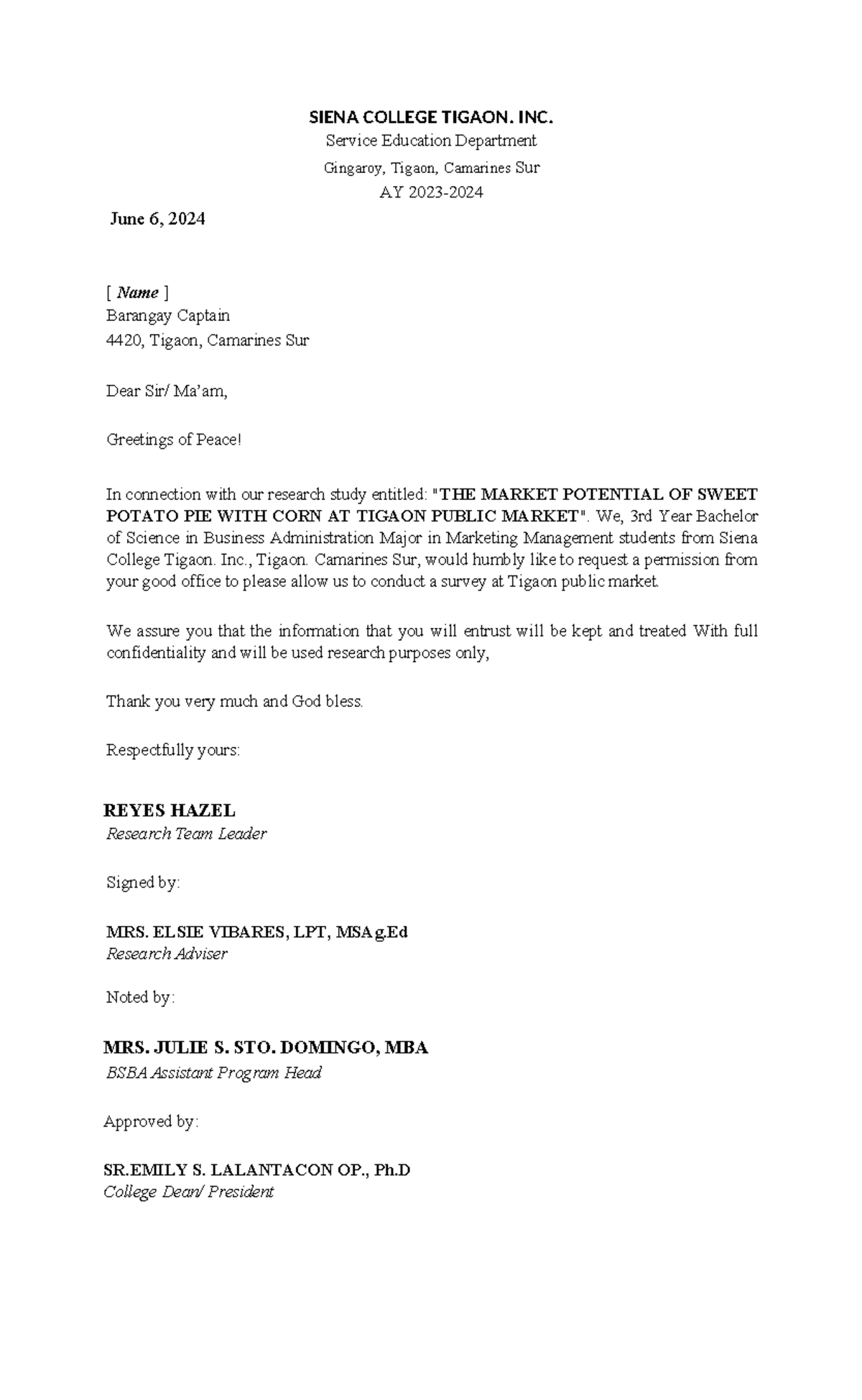 Survey letter - summaries of our lessons - SIENA COLLEGE TIGAON. INC ...