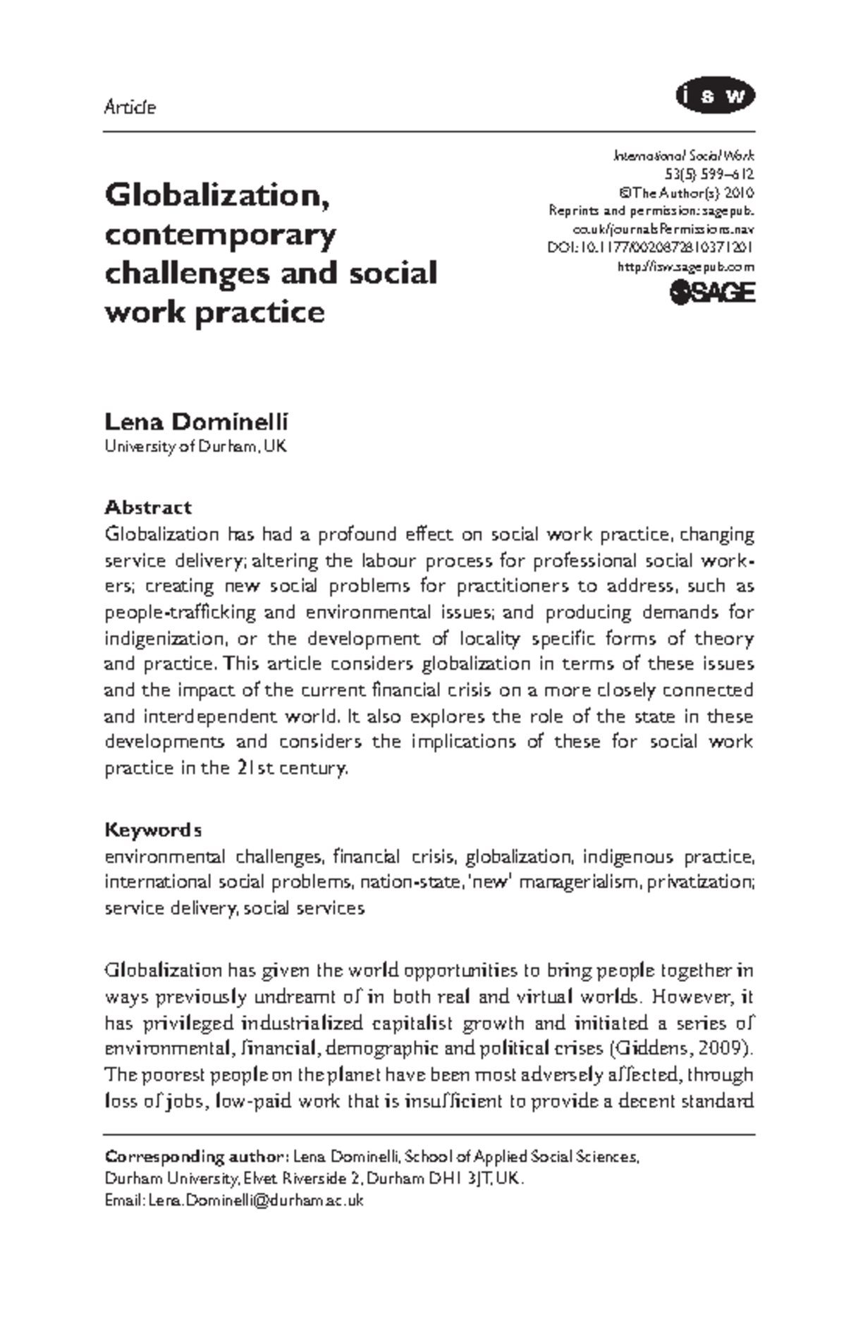 Dominelli - i s w Article Globalization, contemporary challenges and ...