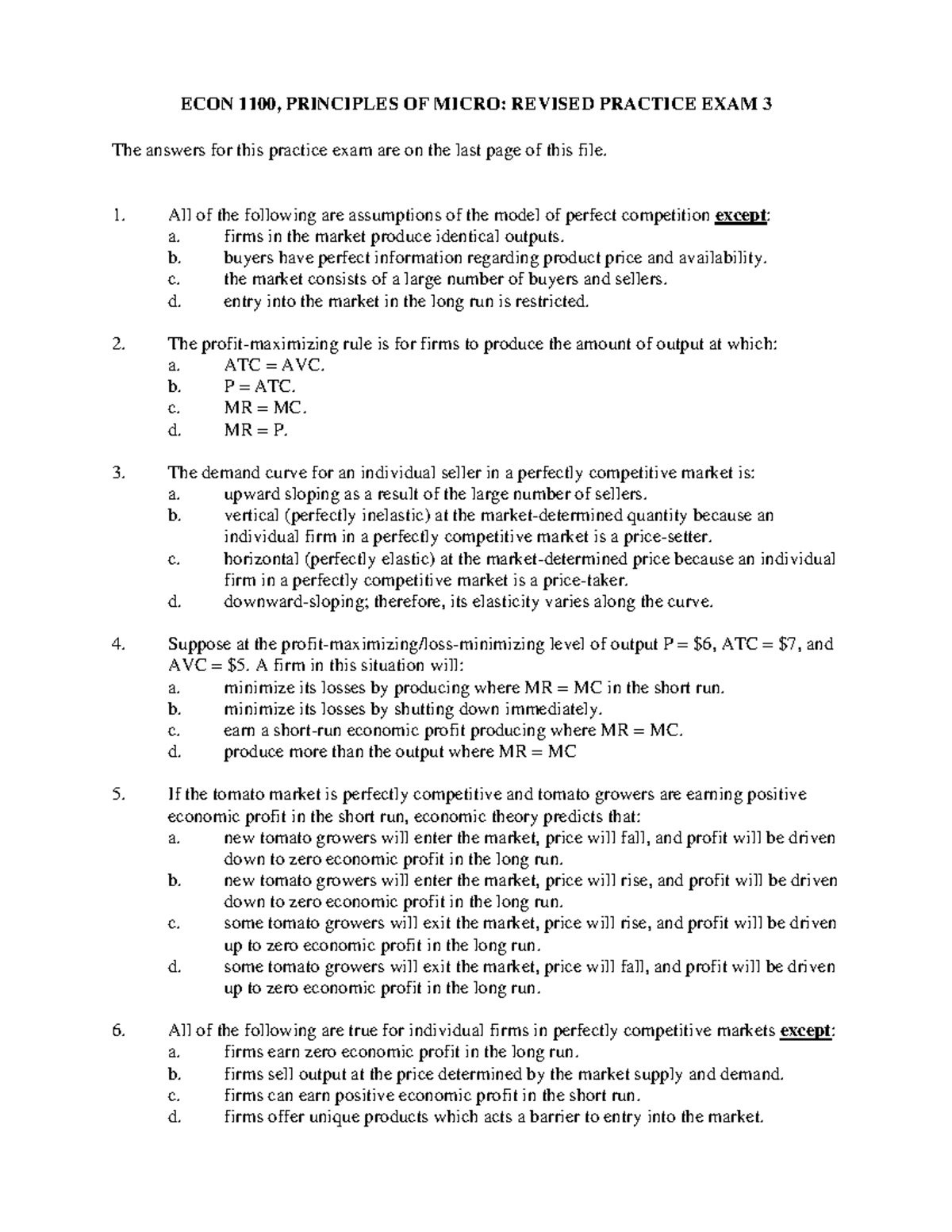 Micro Revised Practice Exam 3 (Spring 2023) - ECON 1100, PRINCIPLES OF ...