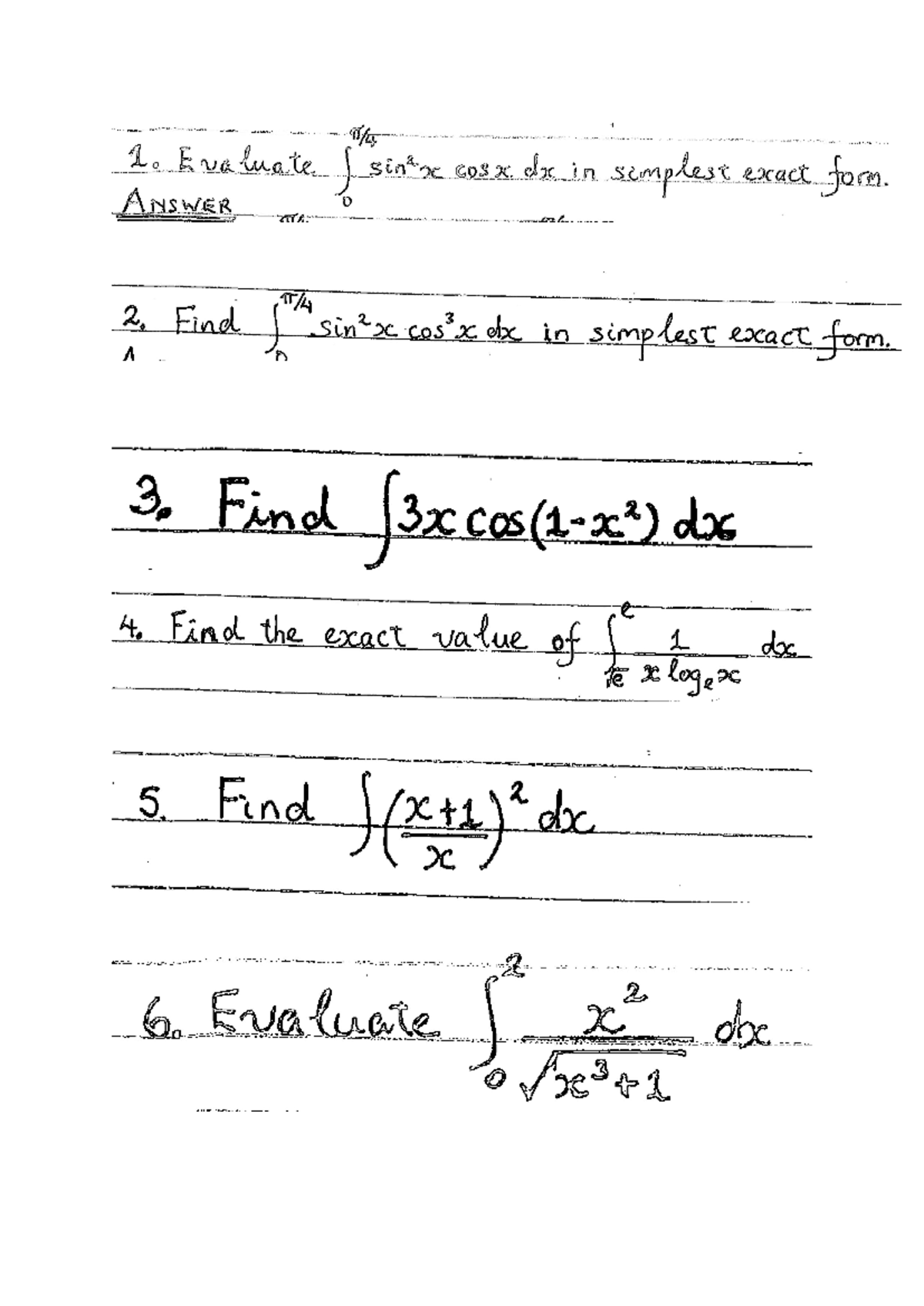 Integration review questions Bastin - Answers: 1. √ 2. 7 √ 3. 4. ln 5 ...