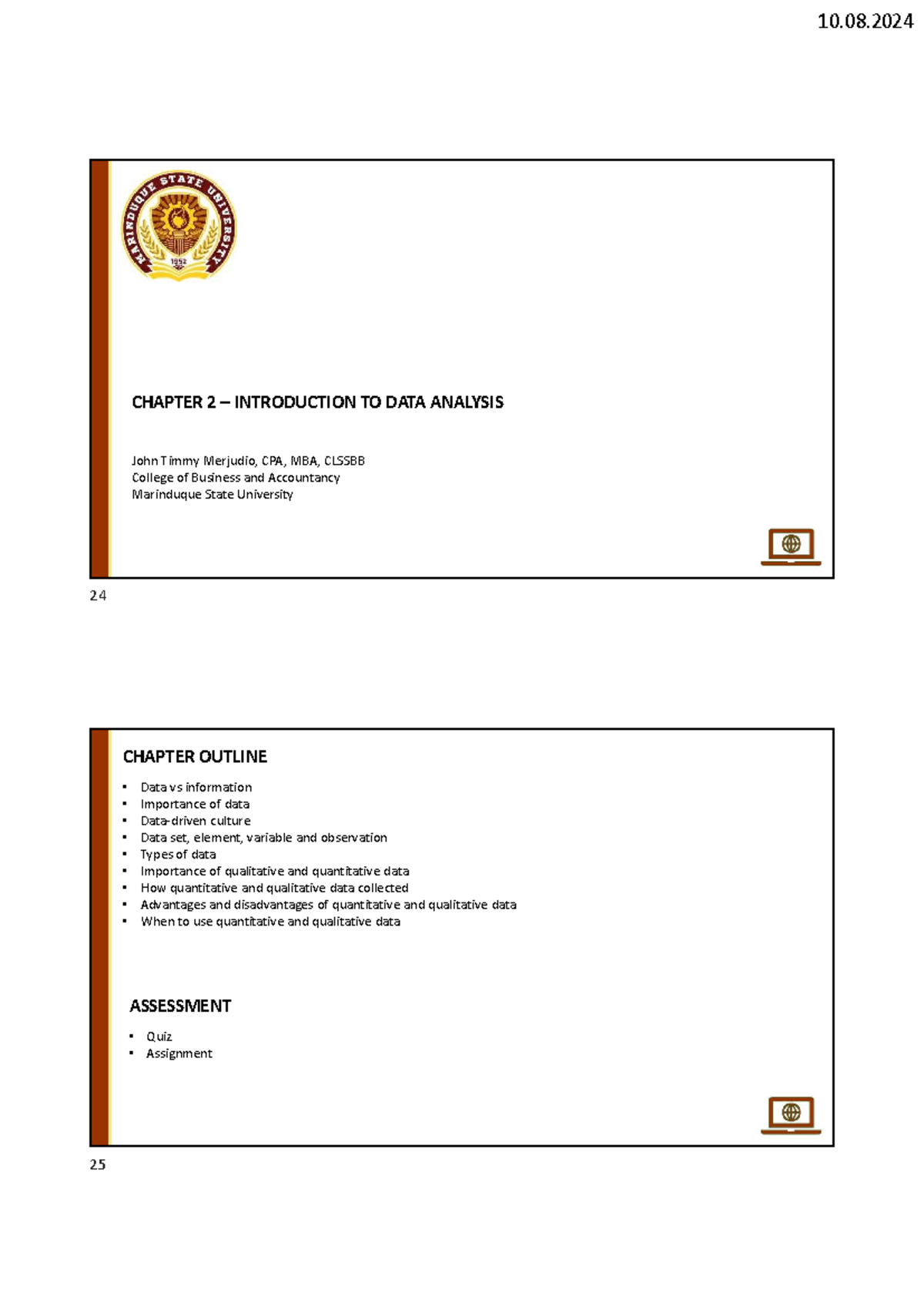 Chapter 2- Introduction to Data Analysis - CHAPTER 2 – INTRODUCTION TO DATA ANALYSIS John Timmy ...