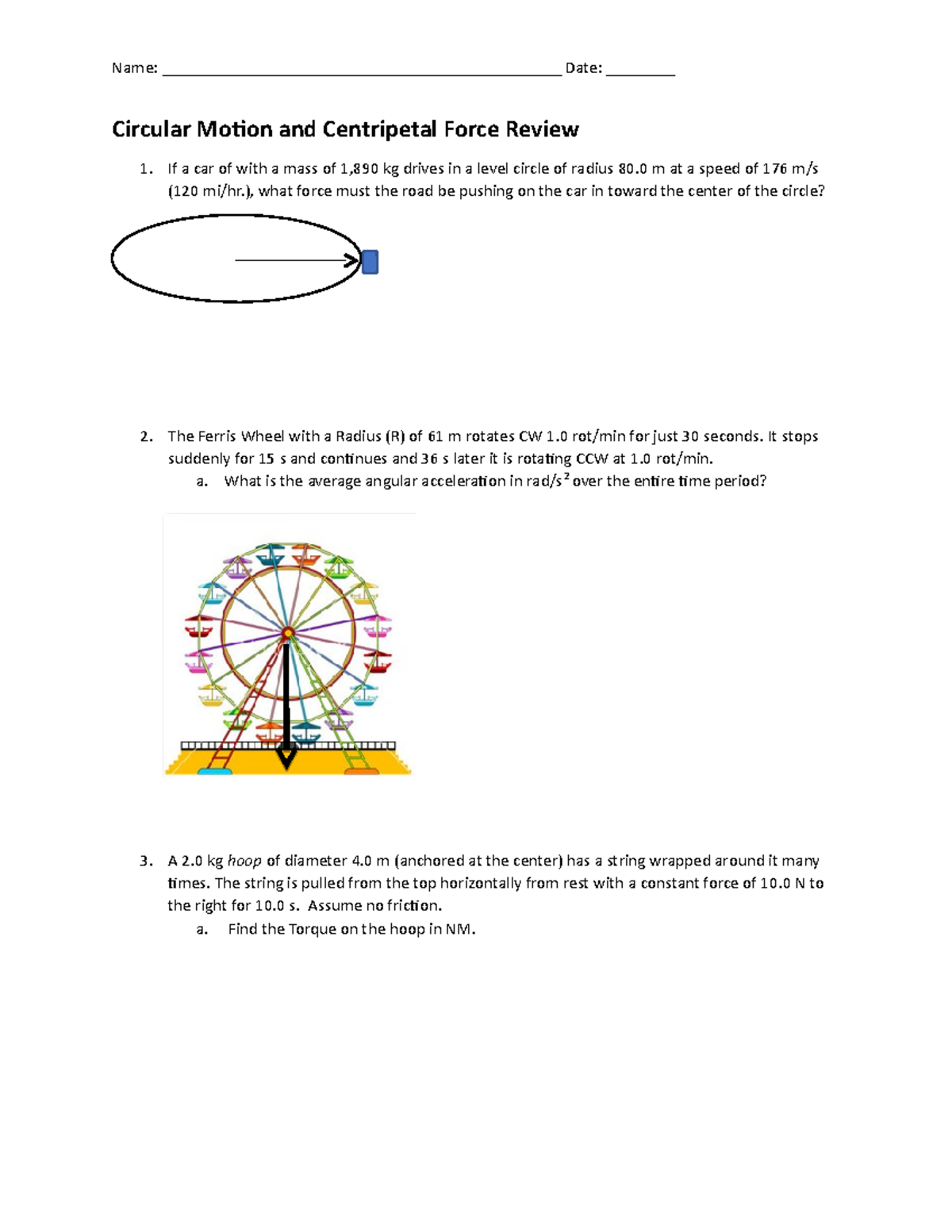 Circular Motion and Centripetal Force Review - Name