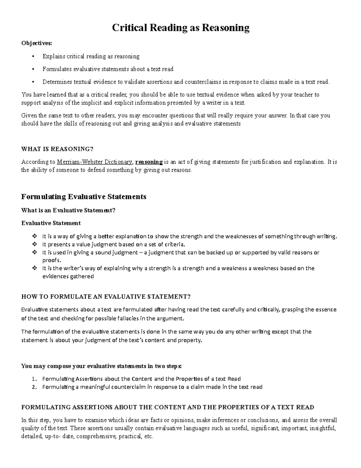 Reading and Writing notes 1 - Critical Reading as Reasoning Objectives ...