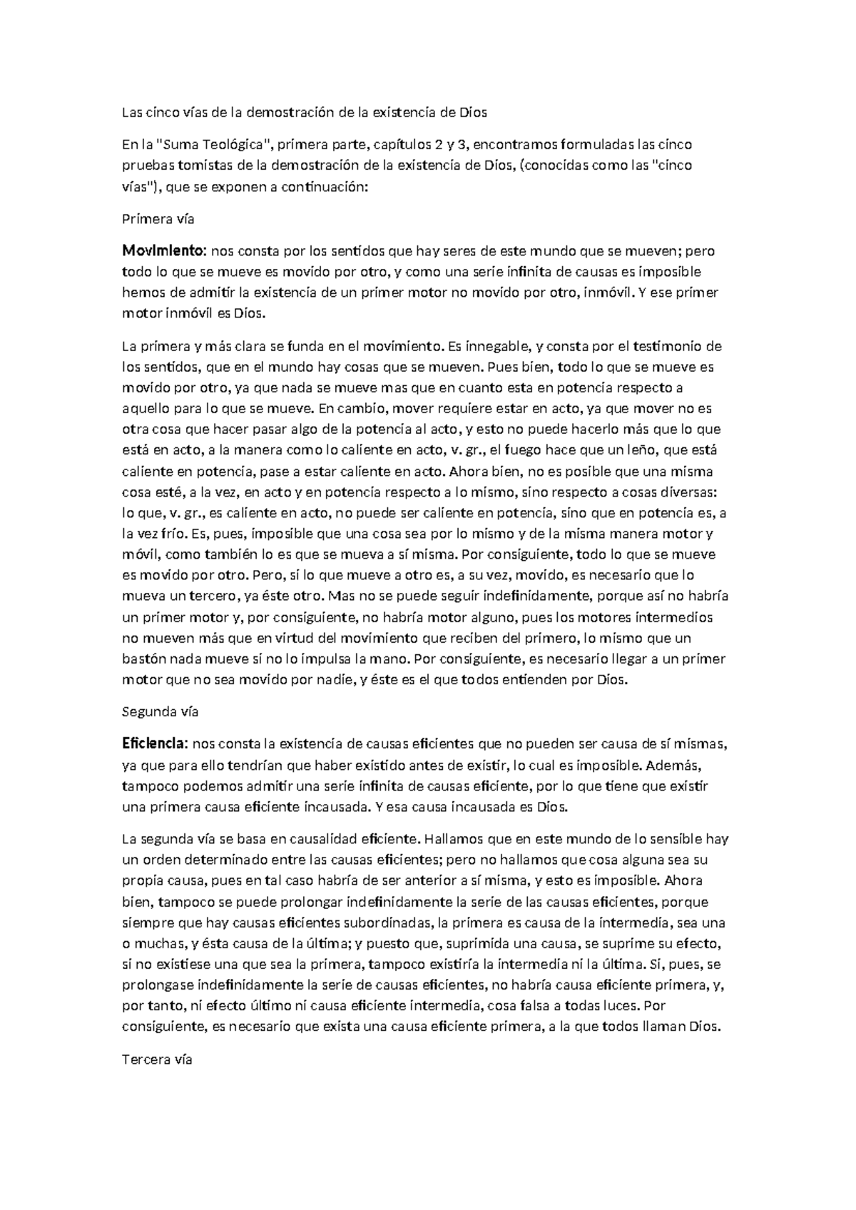 Las cinco vías de santo tomás - Las cinco vías de la demostración de la existencia de Dios En la ...
