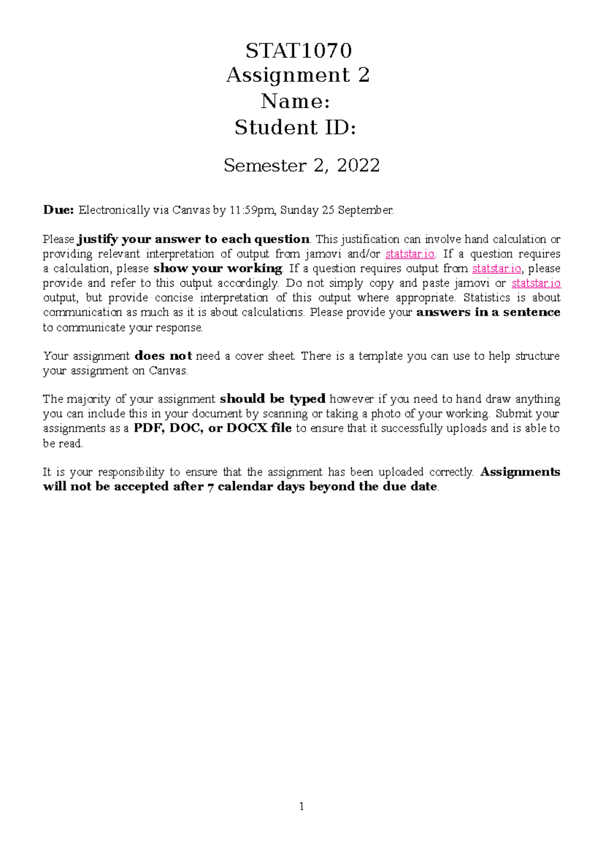 2022 Assignment 2 - STAT Assignment 2 Name: Student ID: Semester 2, 2022 Due: Electronically via ...
