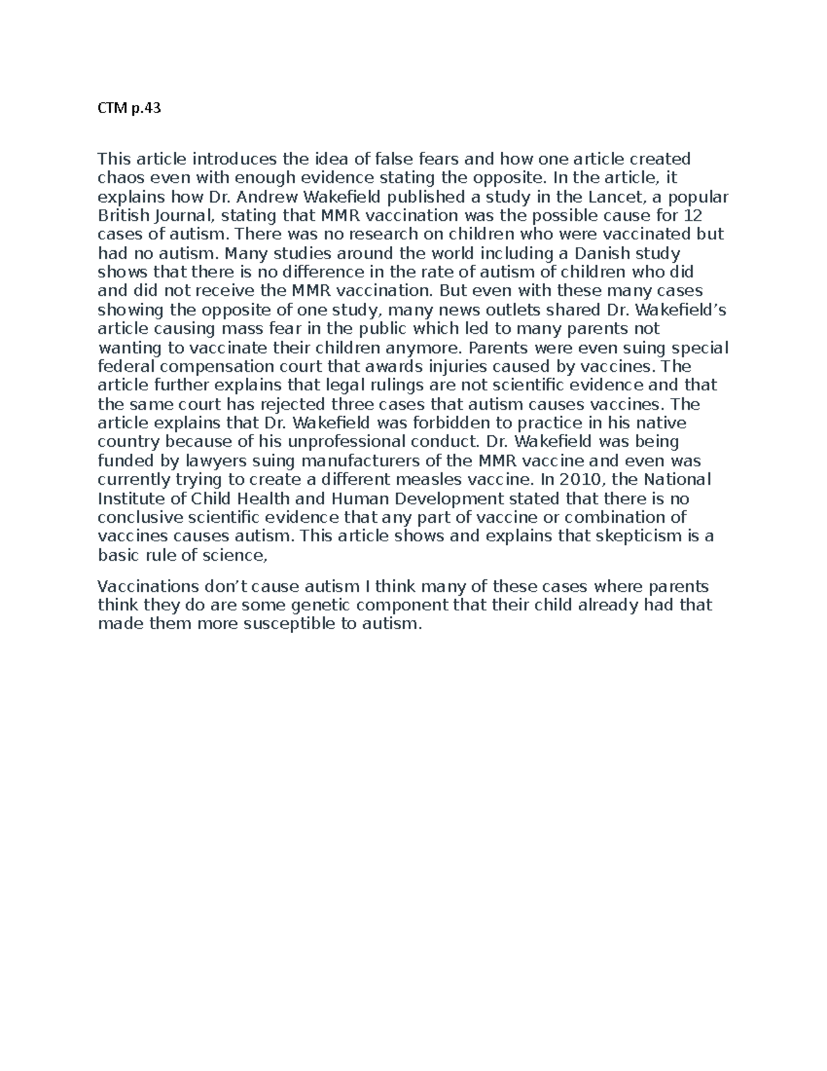 CTM P.43 Abnormal Psych - CTM p. This article introduces the idea of ...