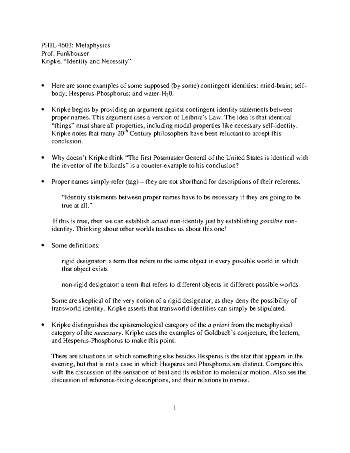 Lecture Notes Meta Kripke - PHIL 4603: Metaphysics Prof. Funkhouser ...