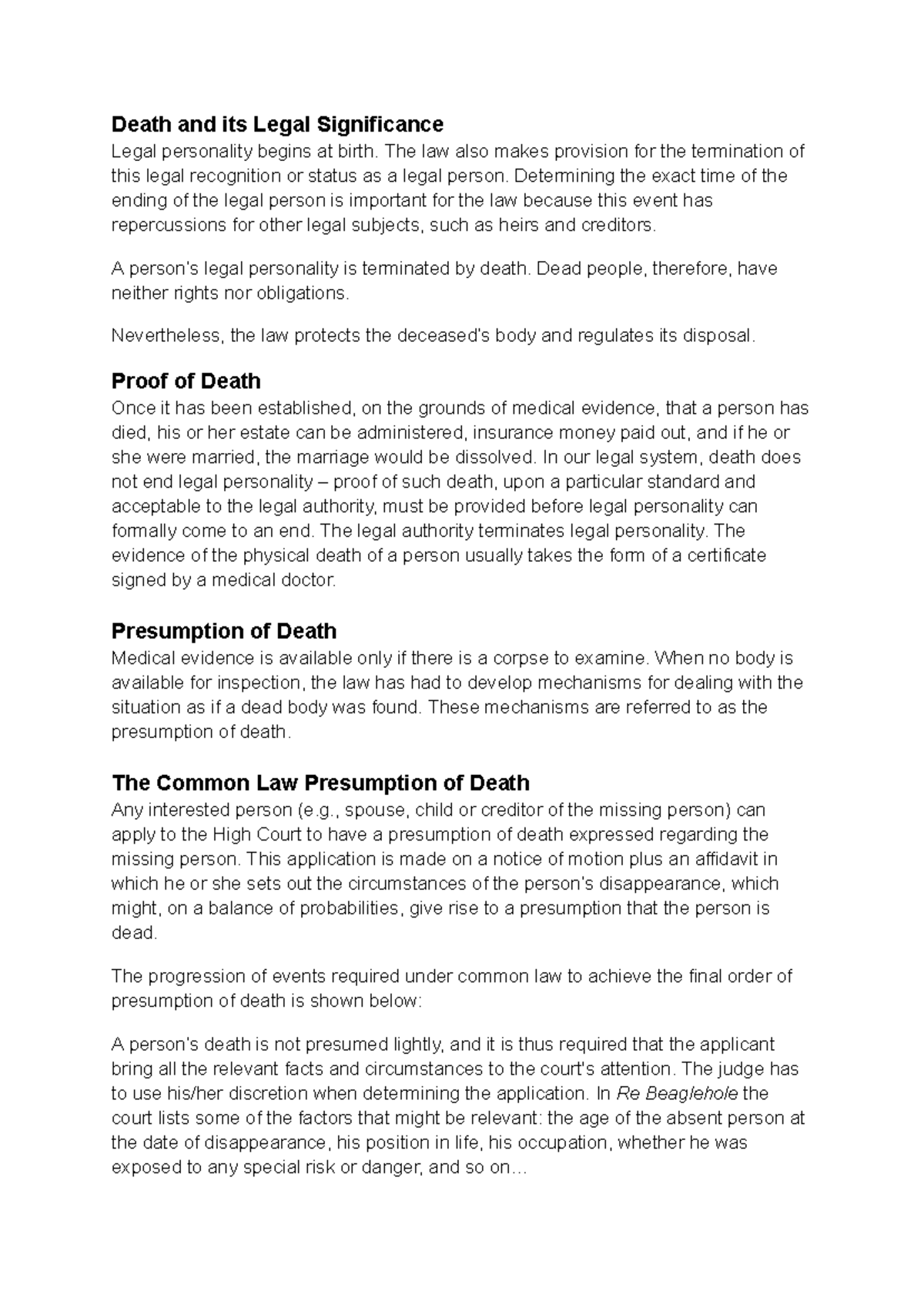 Law of Persons Week 6 Online Notes - Death and its Legal Significance ...
