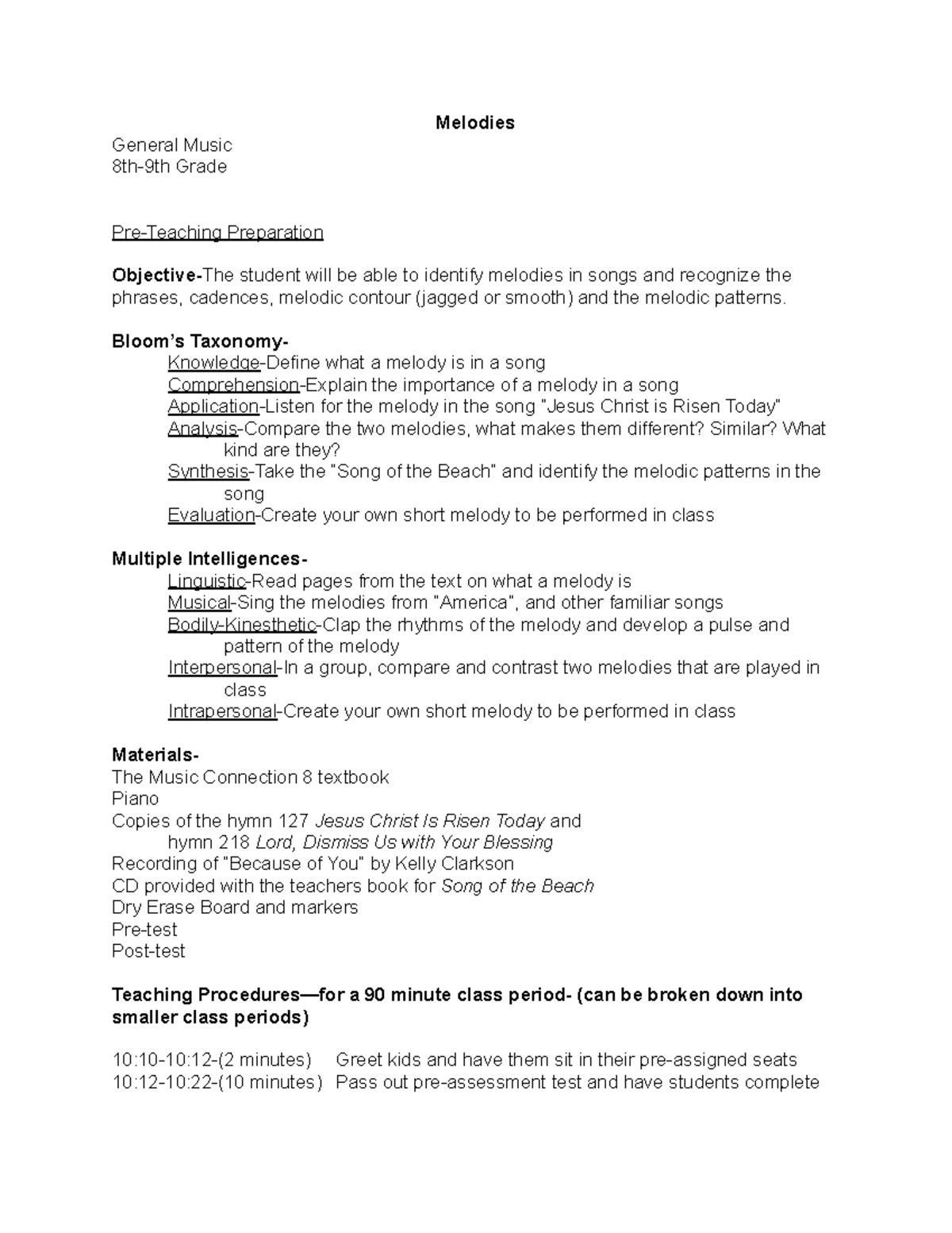 Melody-lesson-plan - lesson plan - Melodies General Music 8th-9th Grade ...