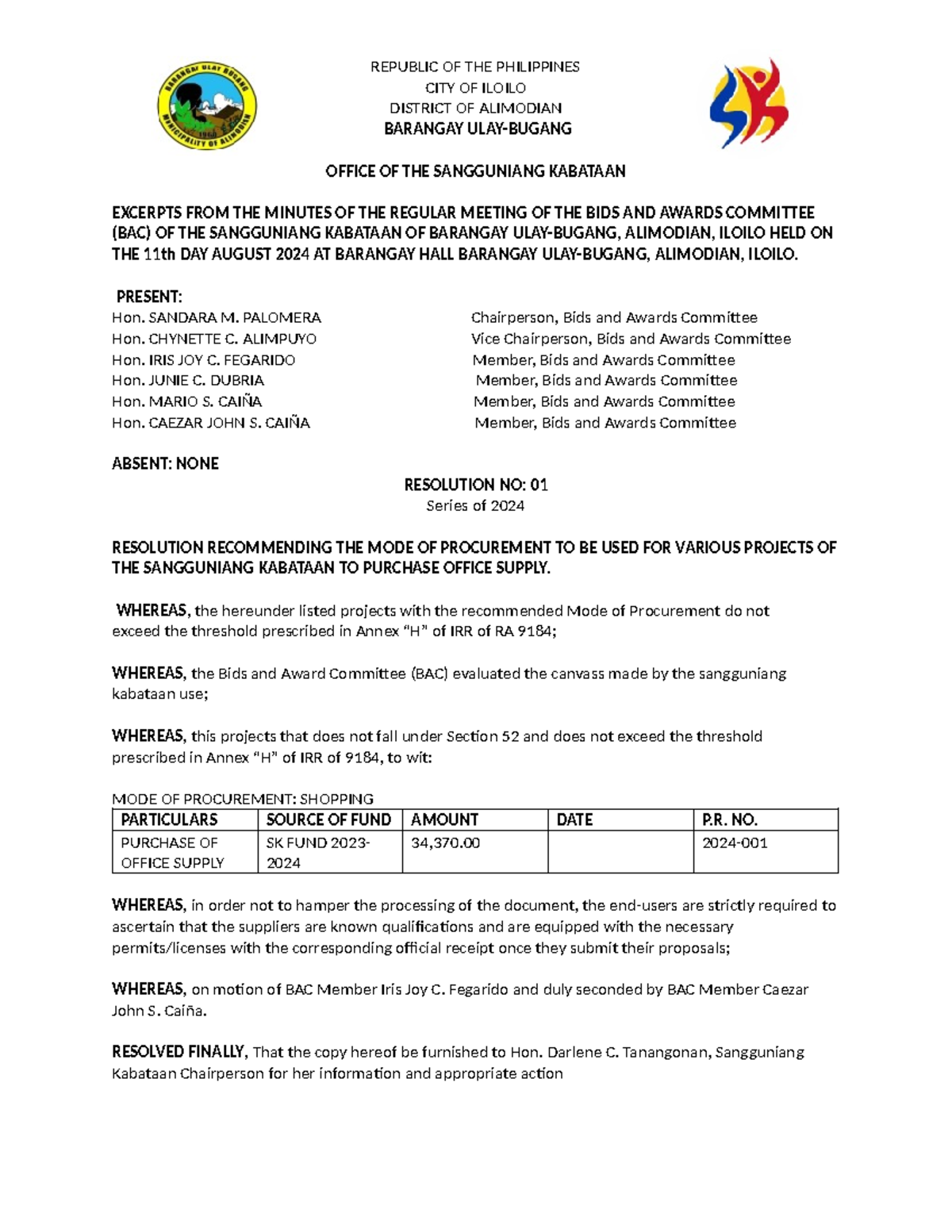 BAC resolution SK - REPUBLIC OF THE PHILIPPINES CITY OF ILOILO DISTRICT ...