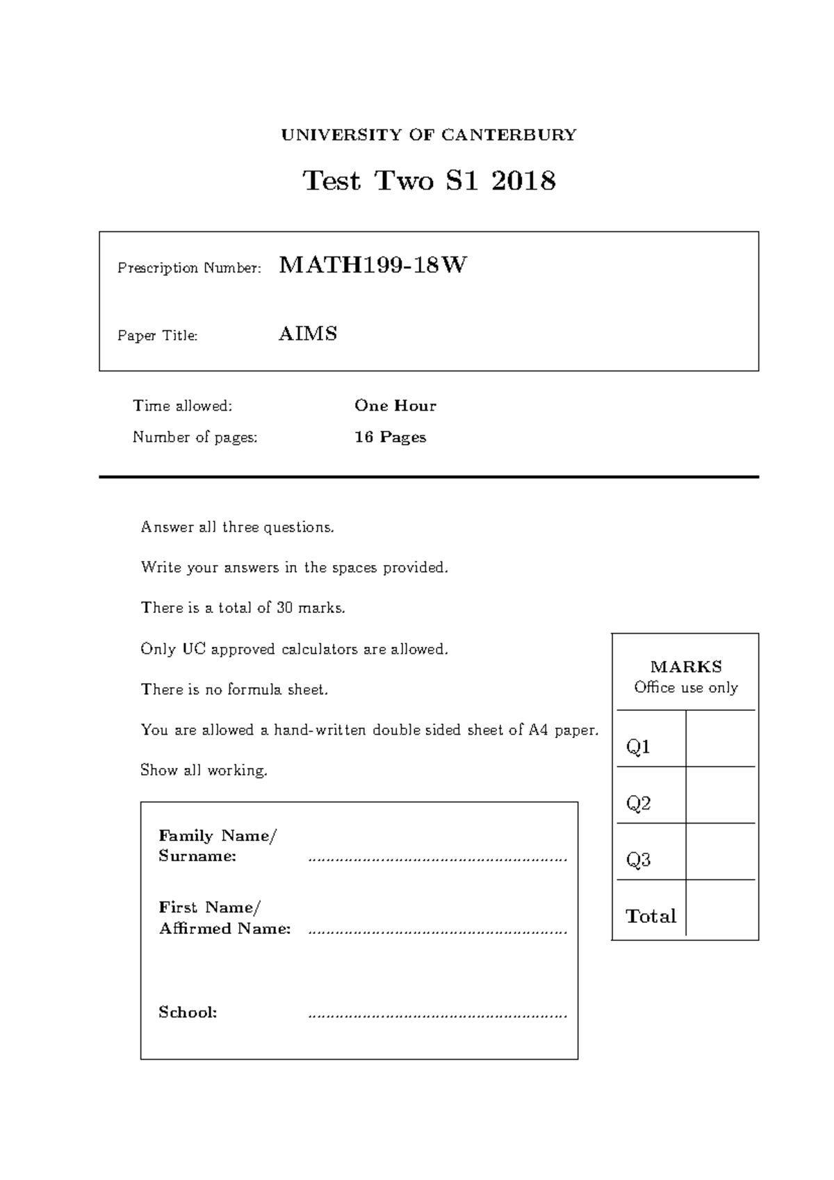 18 MATH199 test2 - End of year exams - Prescription Number: Paper Title ...
