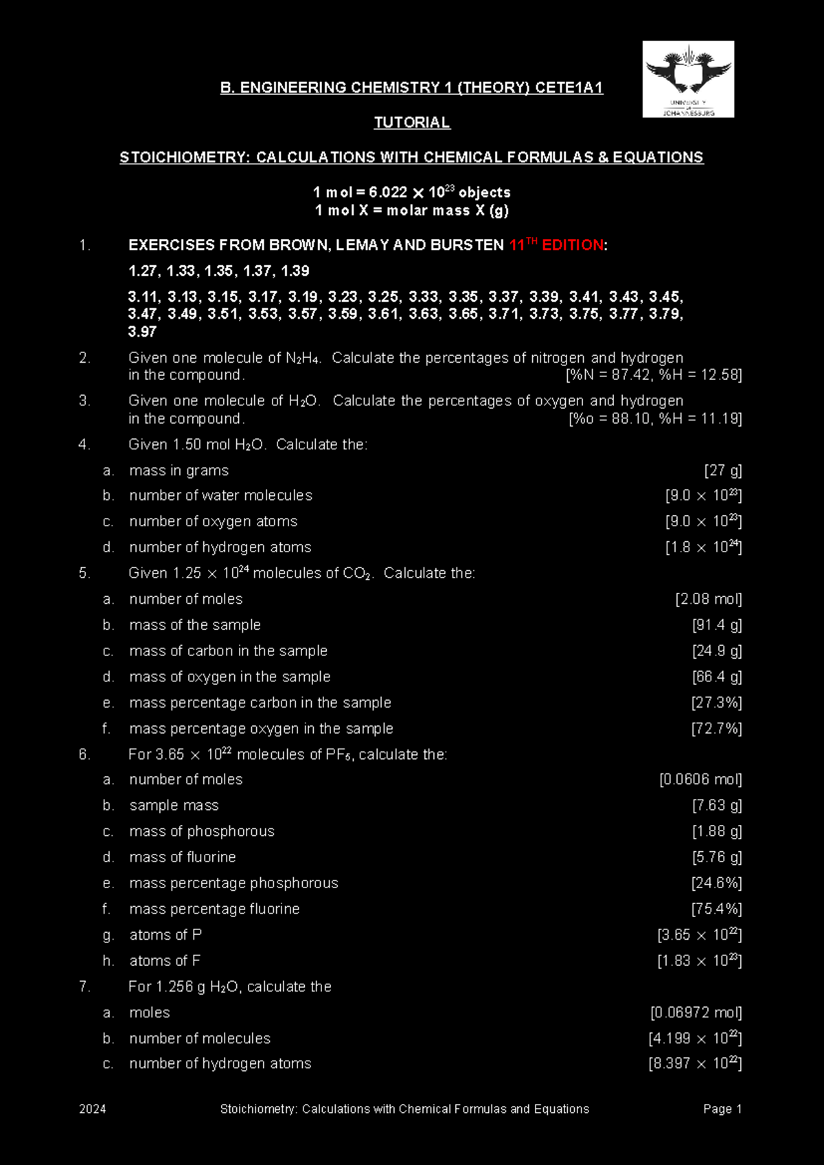 Tutorial (1-2024) - Stoichiometry - UNIT 4 - B. ENGINEERING CHEMISTRY 1 ...