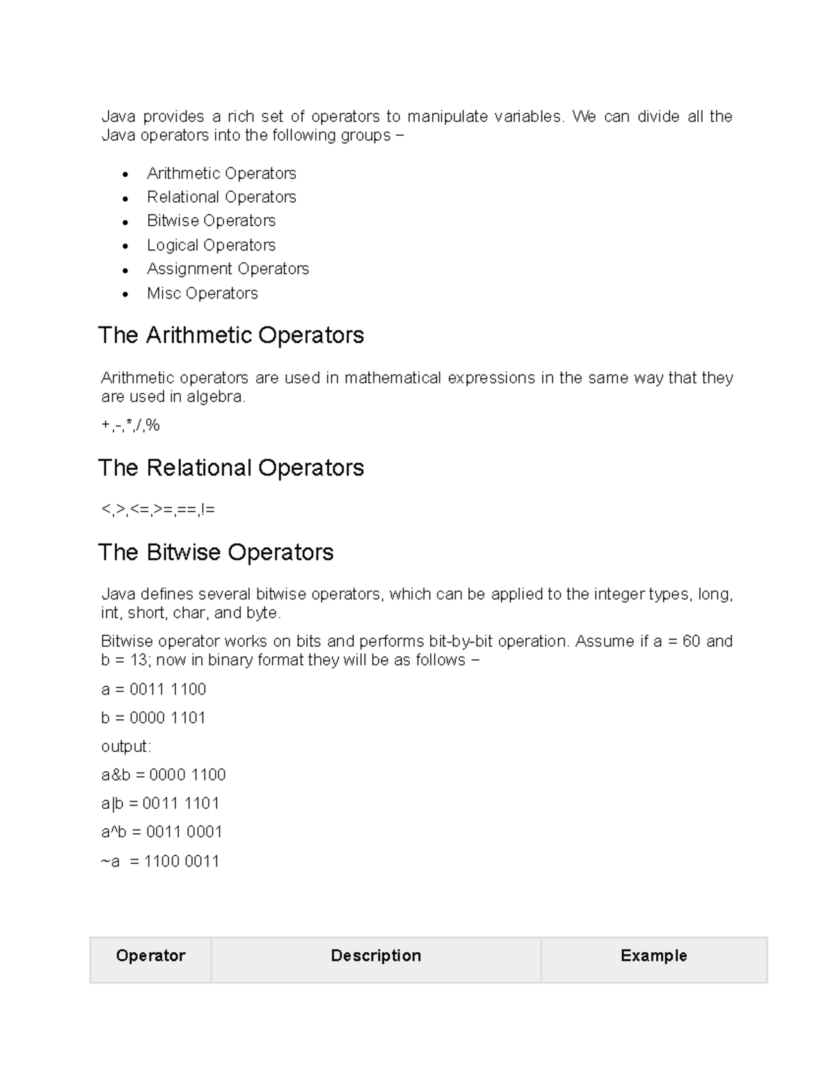 Operators - Java provides a rich set of operators to manipulate ...